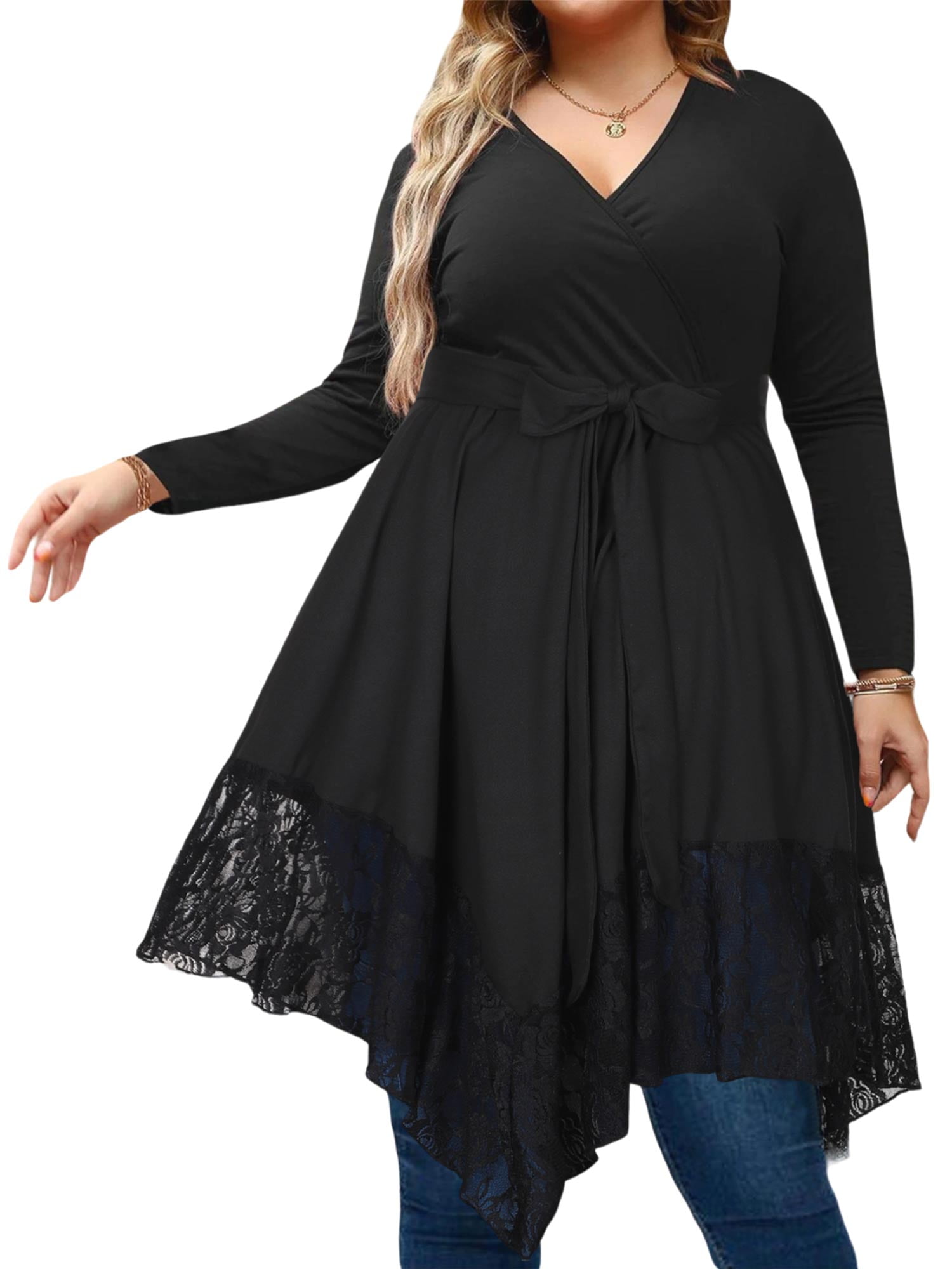 LilyLLL Plus Size Womens Long Sleeve V Neck Lace Tunic Tops Belted ...