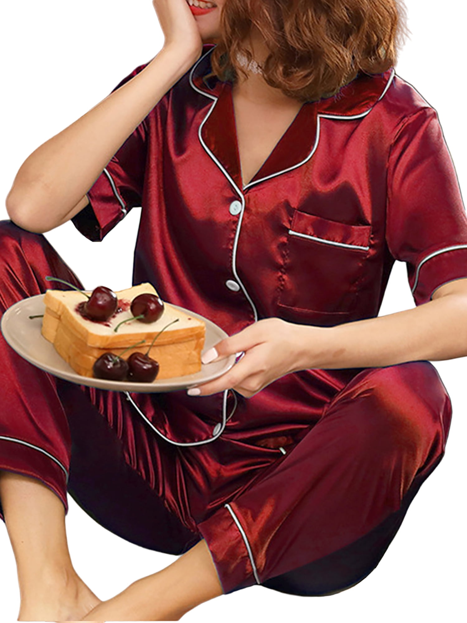 LilyLLL Plus Size Womens Satin Silk Pajamas Set Short Sleeve Sleepwear ...