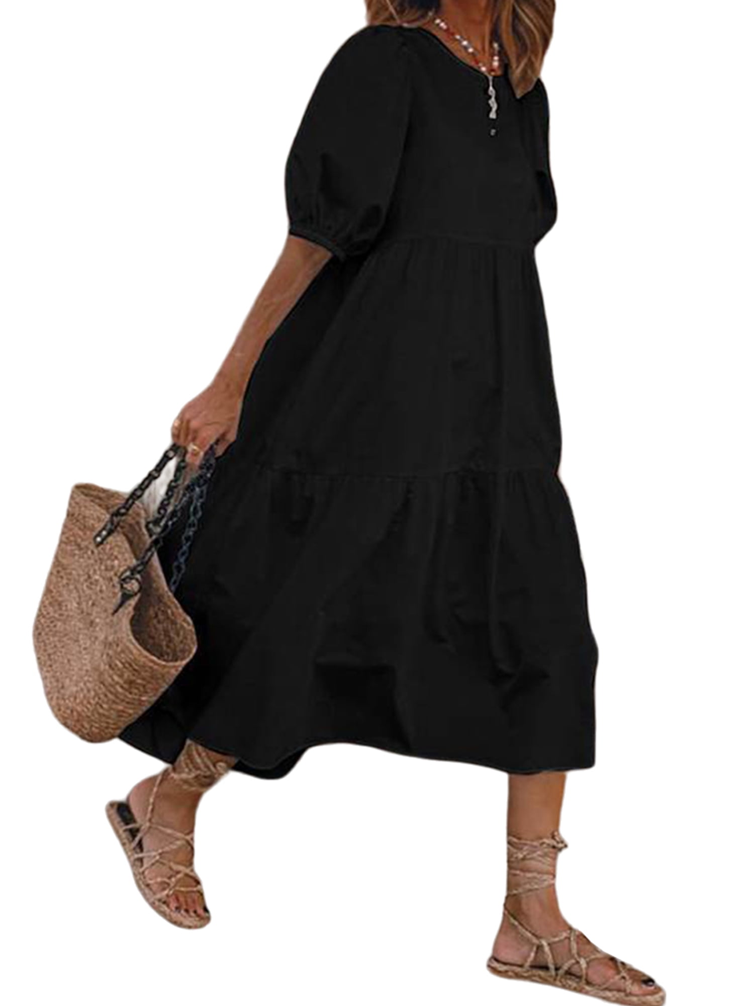 Lilylll Plus Size Womens Vacation Sundress Puff Short Sleeve Boho