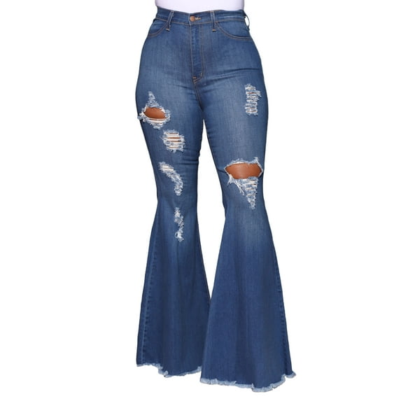LilyLLL Plus Size Womens Vintage Flared Denim Jeans Distressed Ripped ...