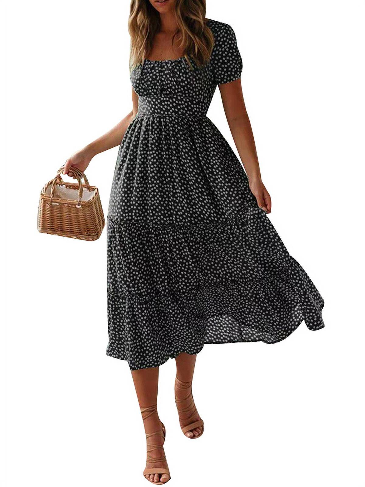LilyLLL Womens Boho Floral Short Sleeve Maxi Dress Swing Midi Sundress ...