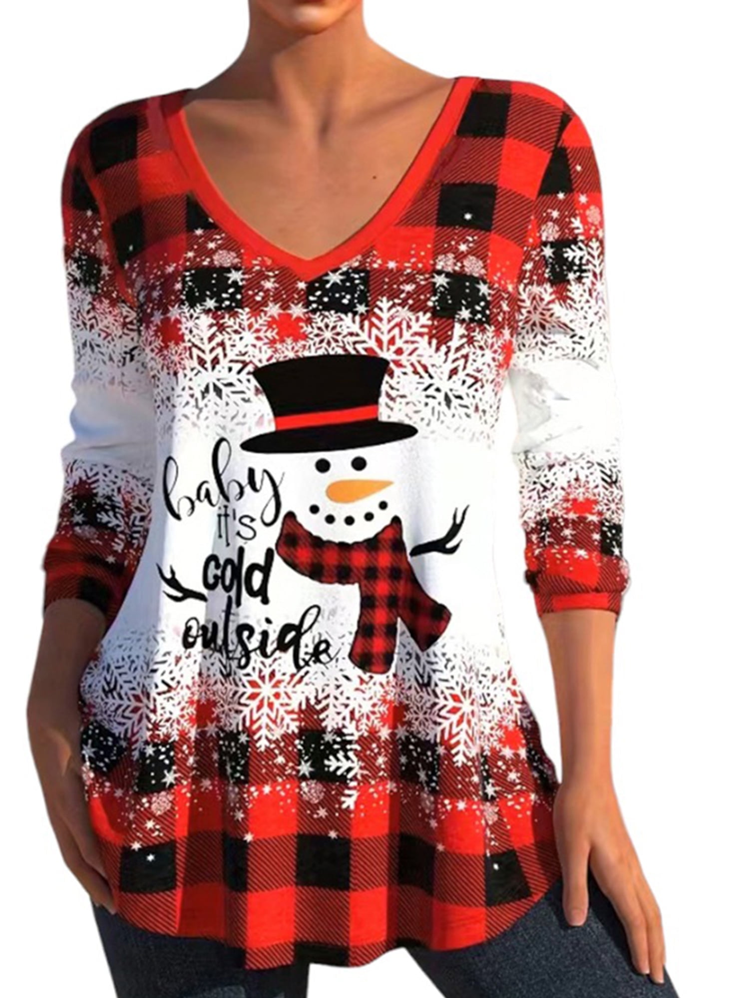 LilyLLL Womens Christmas Novelty Print Long Sleeve V Neck Tunic Blouse ...