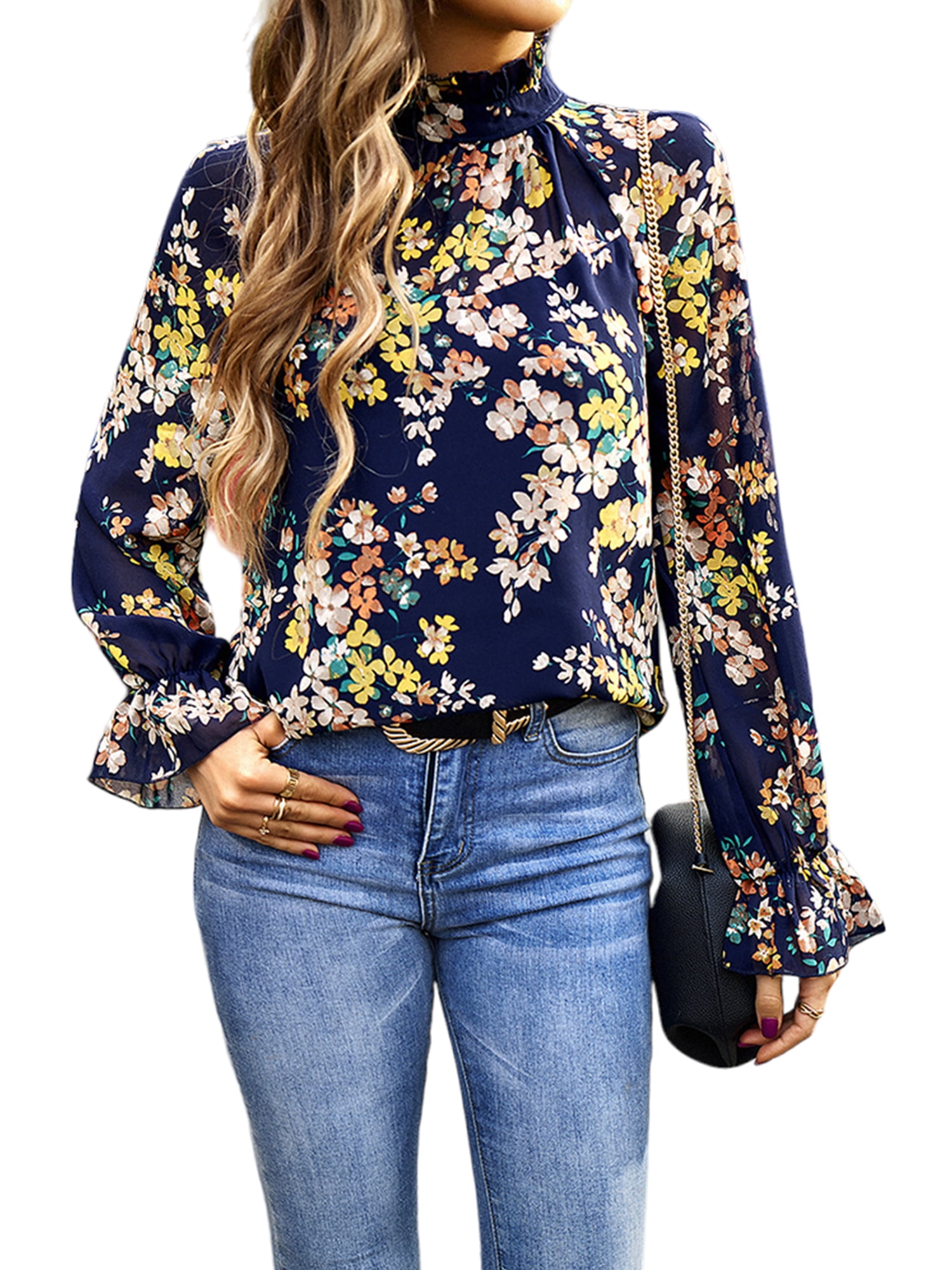 LilyLLL Womens Evening Party Floral Long Sleeve Turtle Neck Blouse ...
