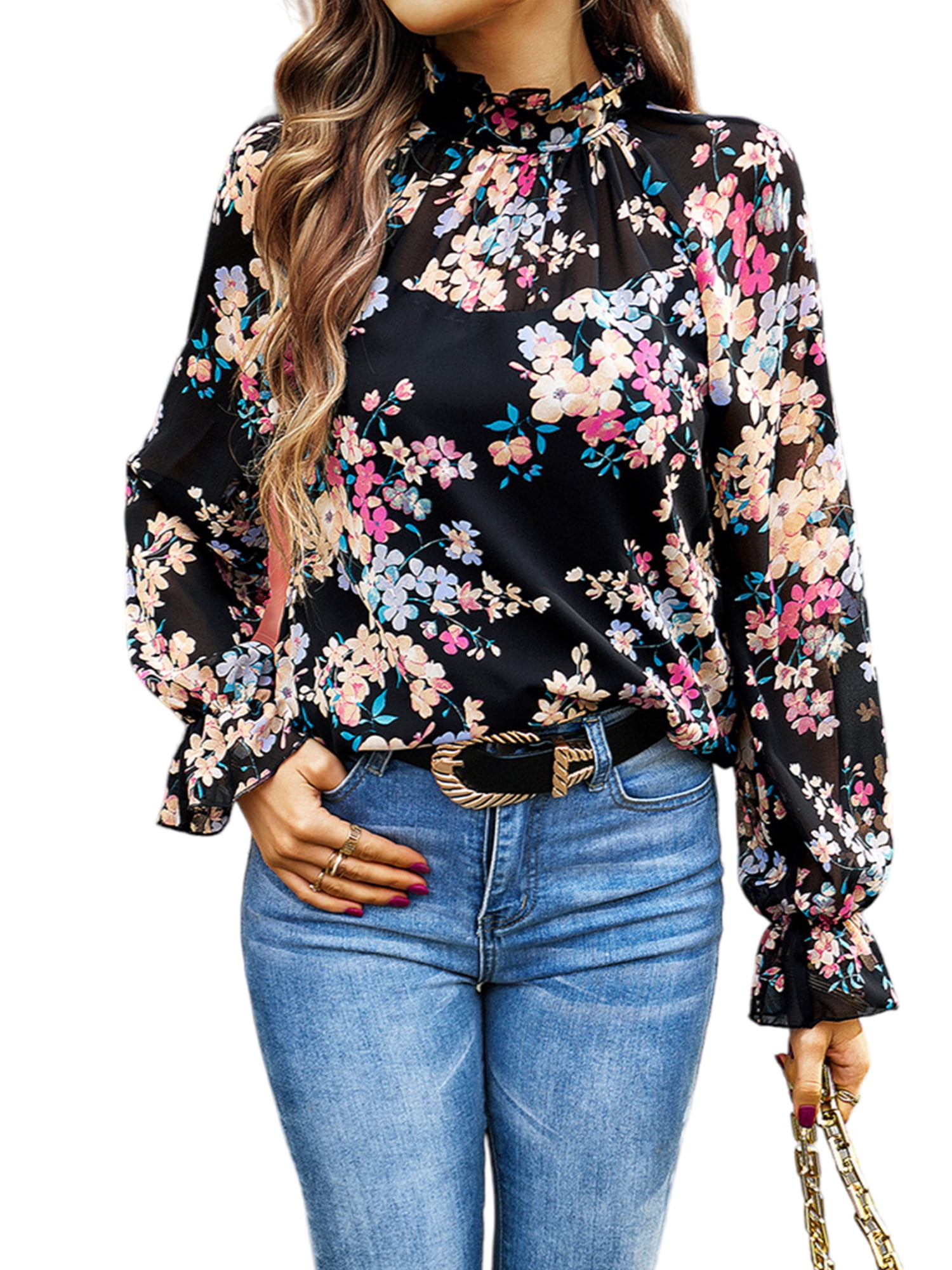 LilyLLL Womens Evening Party Floral Long Sleeve Turtle Neck Blouse ...