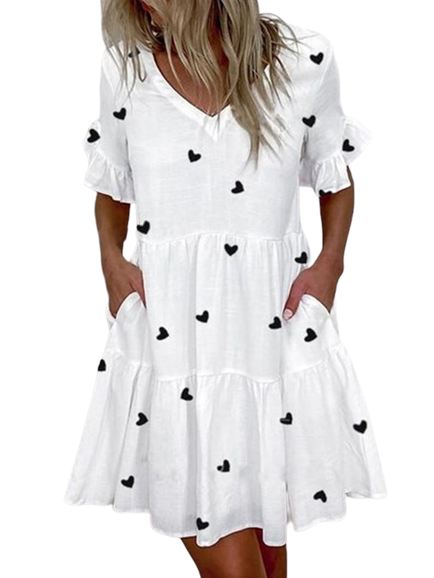 LilyLLL Womens Flutter Short Sleeve V Neck Sundress Casual Print Pocket ...