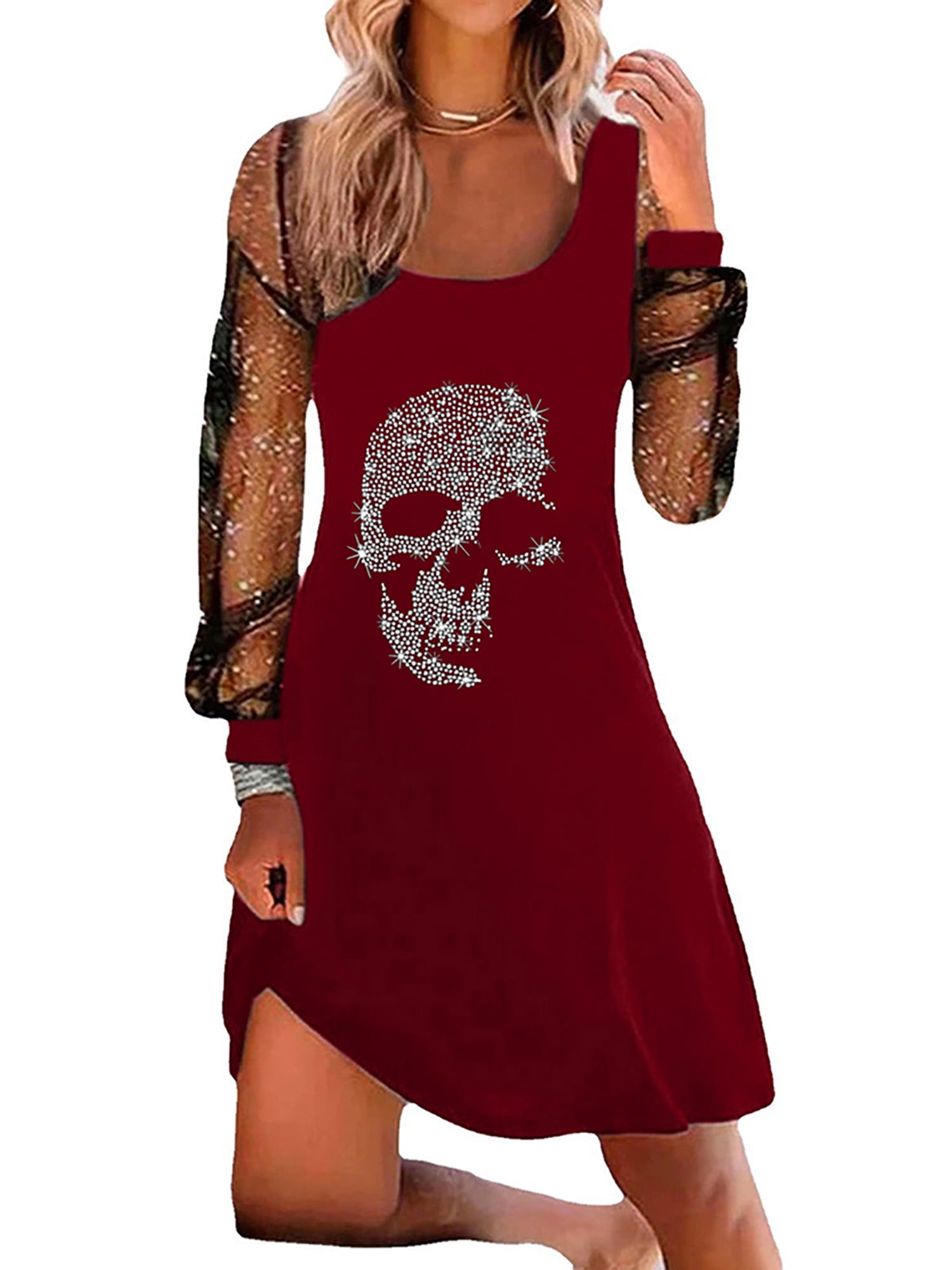LilyLLL Womens Halloween Party Skull Print Long Sleeve Glitter ...