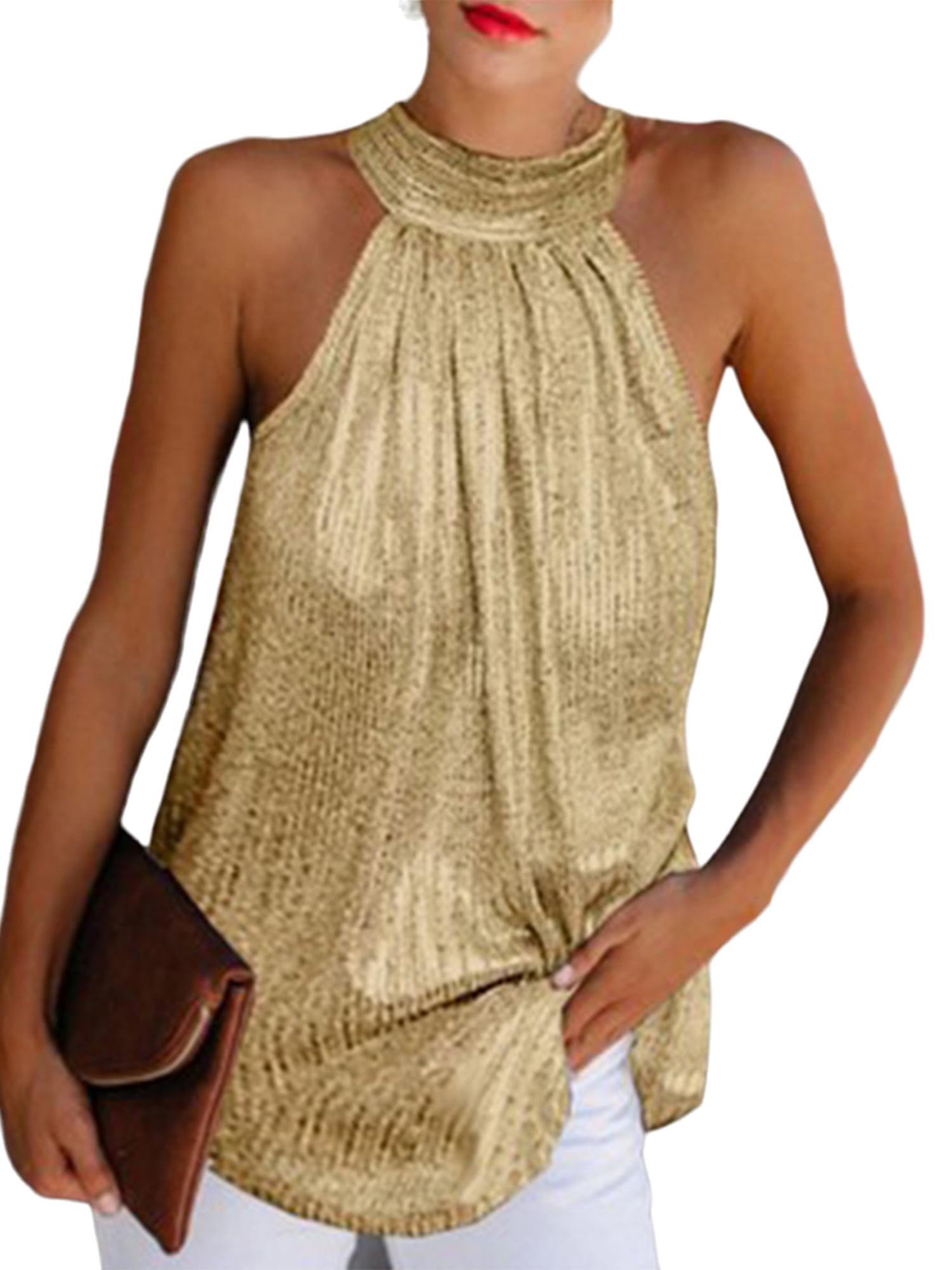 LilyLLL Womens Halter Tank Tops Sleeveless Cami Blouse Party Sparkle ...