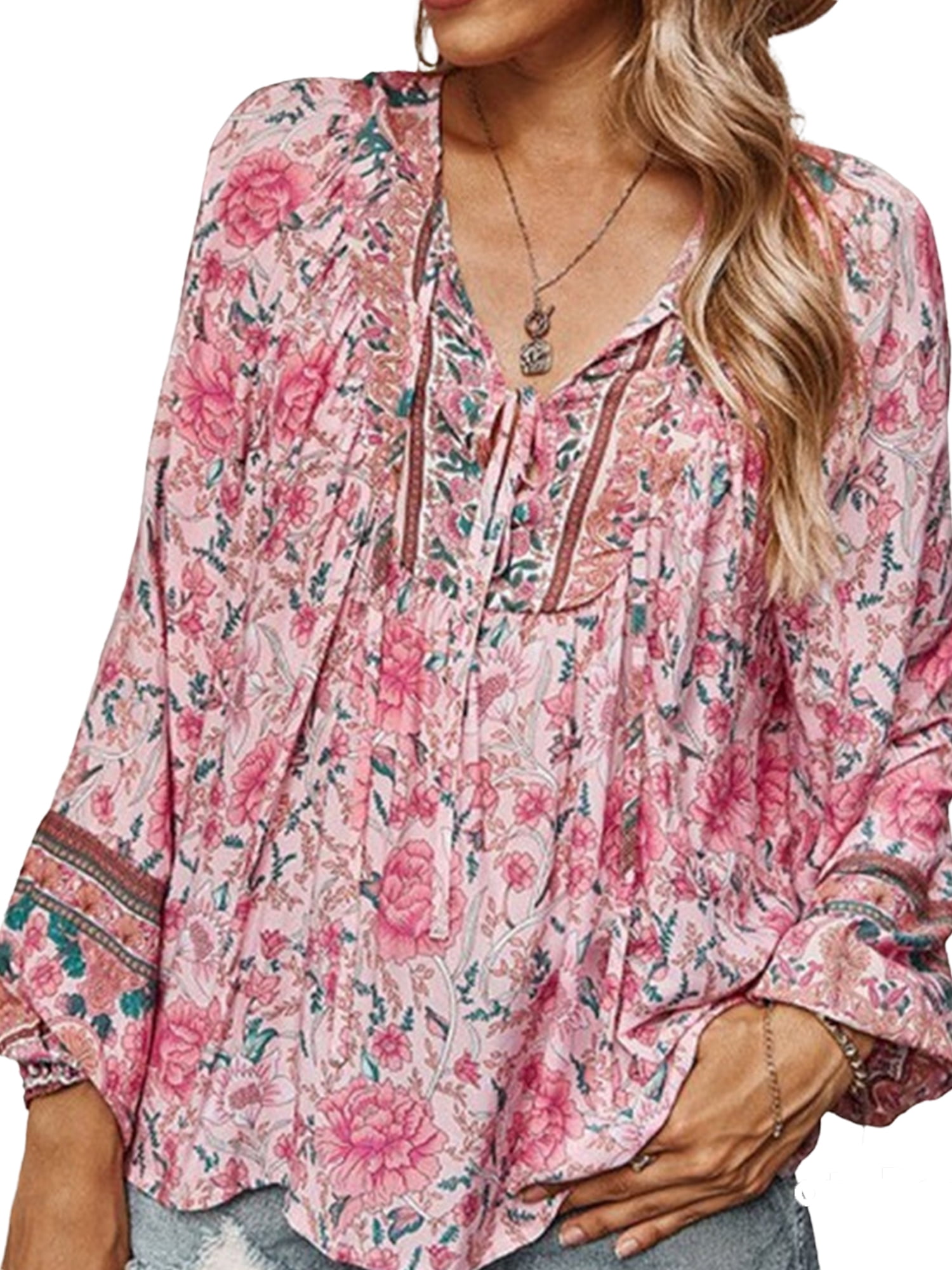 LilyLLL Womens Long Sleeve Boho Floral Tunic Tops Plus Size Blouse ...
