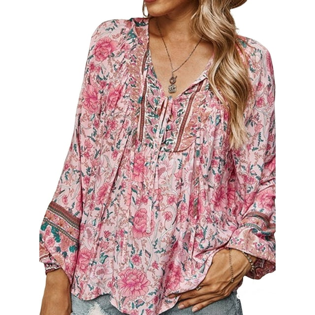 LilyLLL Womens Long Sleeve Boho Floral Tunic Tops Plus Size Blouse ...