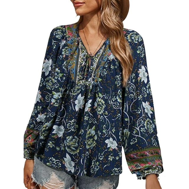 LilyLLL Womens Long Sleeve Boho Floral Tunic Tops Plus Size Blouse ...