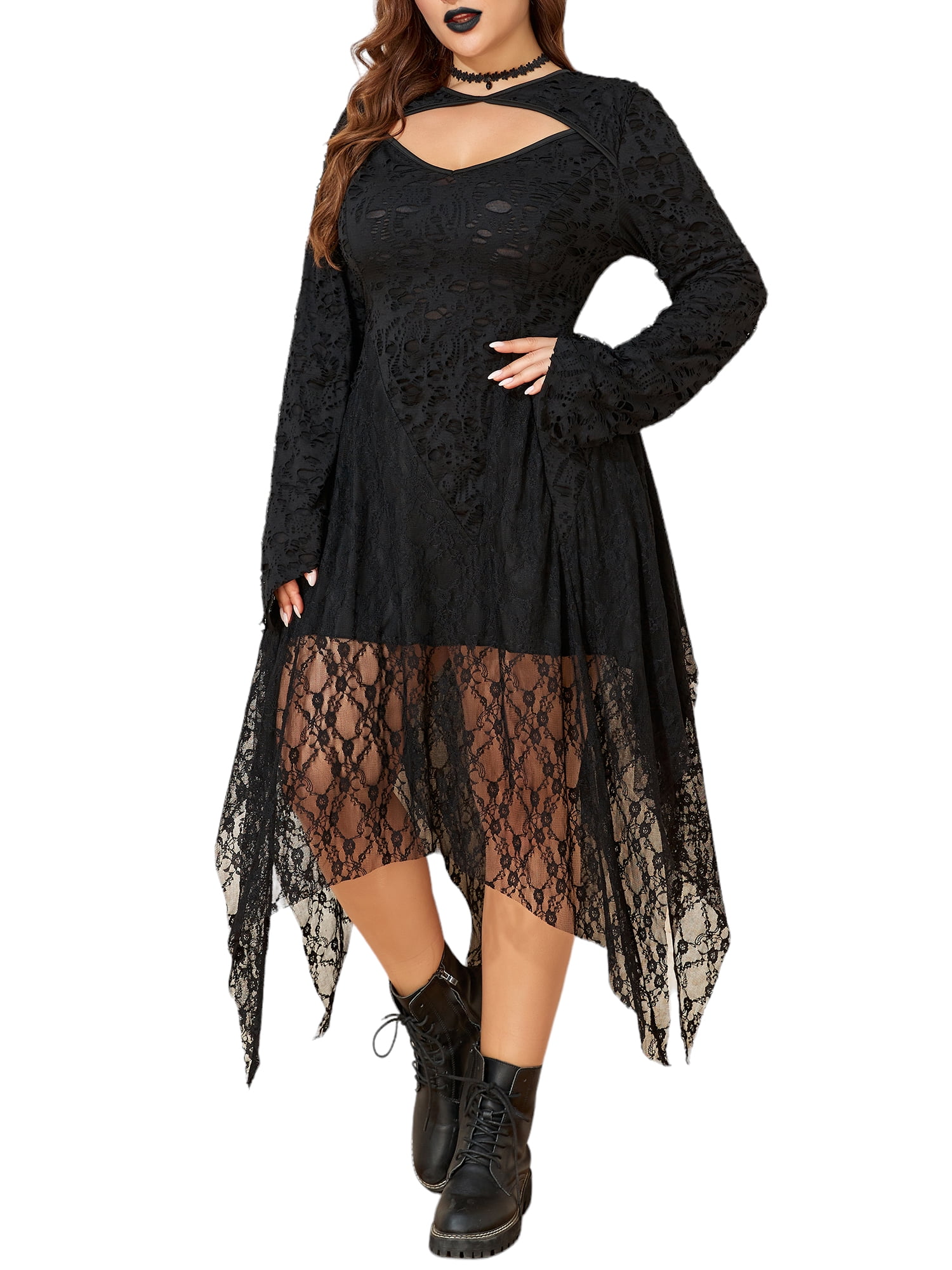 LilyLLL Womens Plus Size Gothic Dress Lace Sheer Steampunk Medieval ...