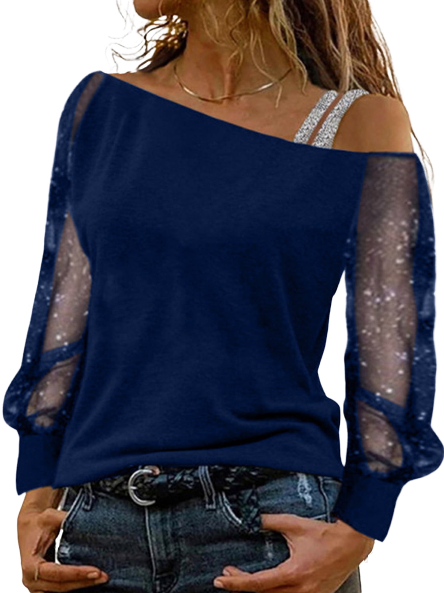 LilyLLL Womens Sexy One Shoulder Mesh Sheer Dressy Tops Blouse Shirt ...