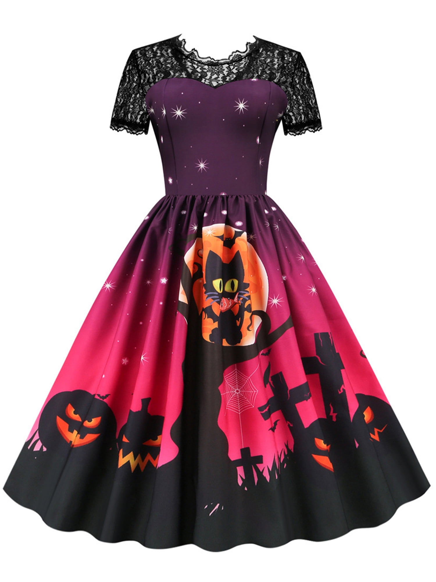 LilyLLL Womens Short Sleeve Lace Skater Dress Halloween Retro Costume ...