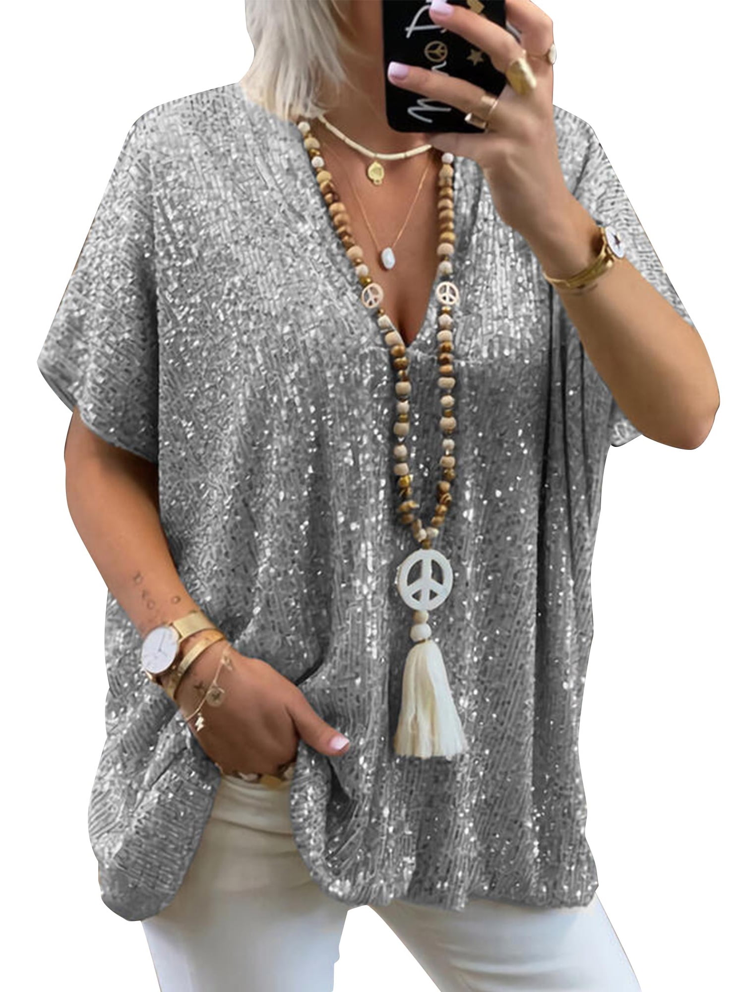 LilyLLL Women's Fancy Glitter Sequins Short Sleeve V Neck Loose Blouse ...