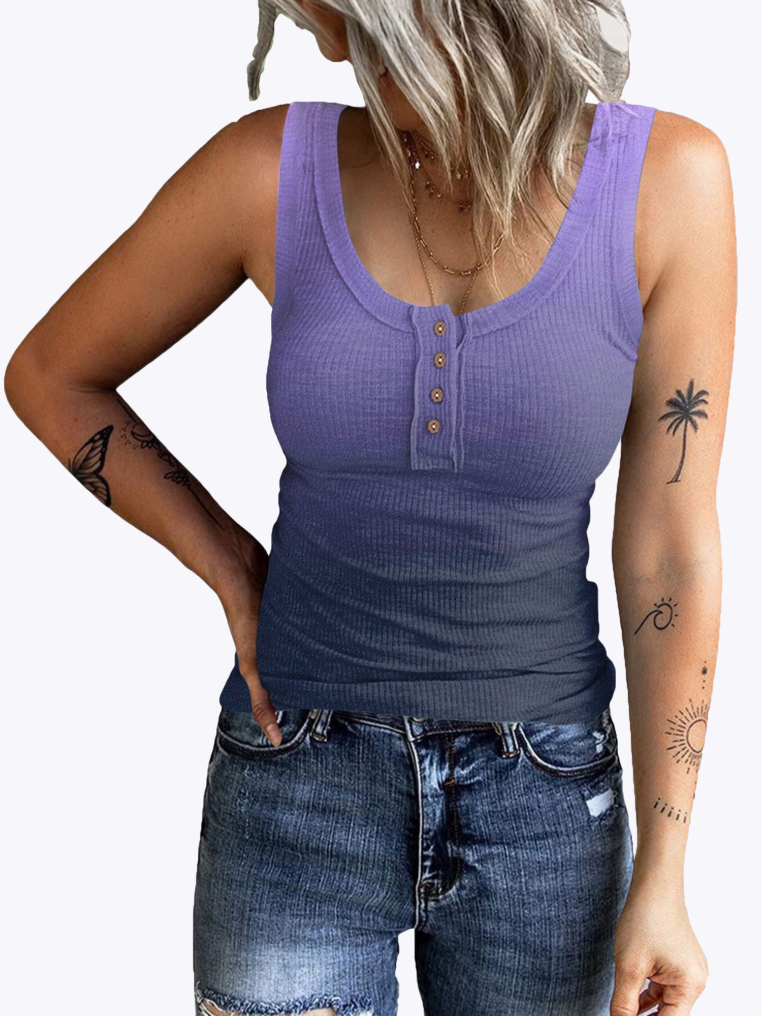 LilyLLL Womens Sleeveless Ribbed Tank Tops Summer Buttons Printed ...
