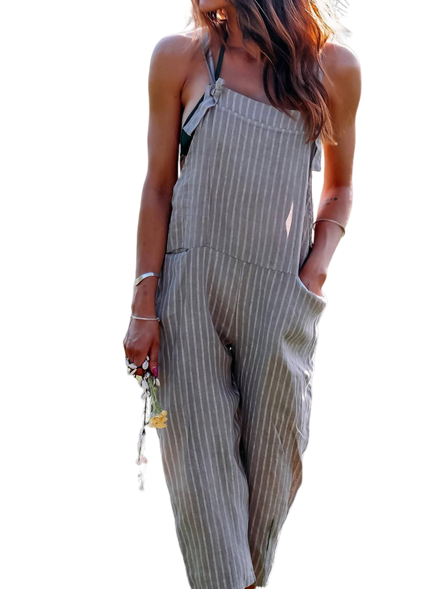 LilyLLL Womens Striped Print Baggy Dungaree Bib Jumpsuit Wide Leg ...