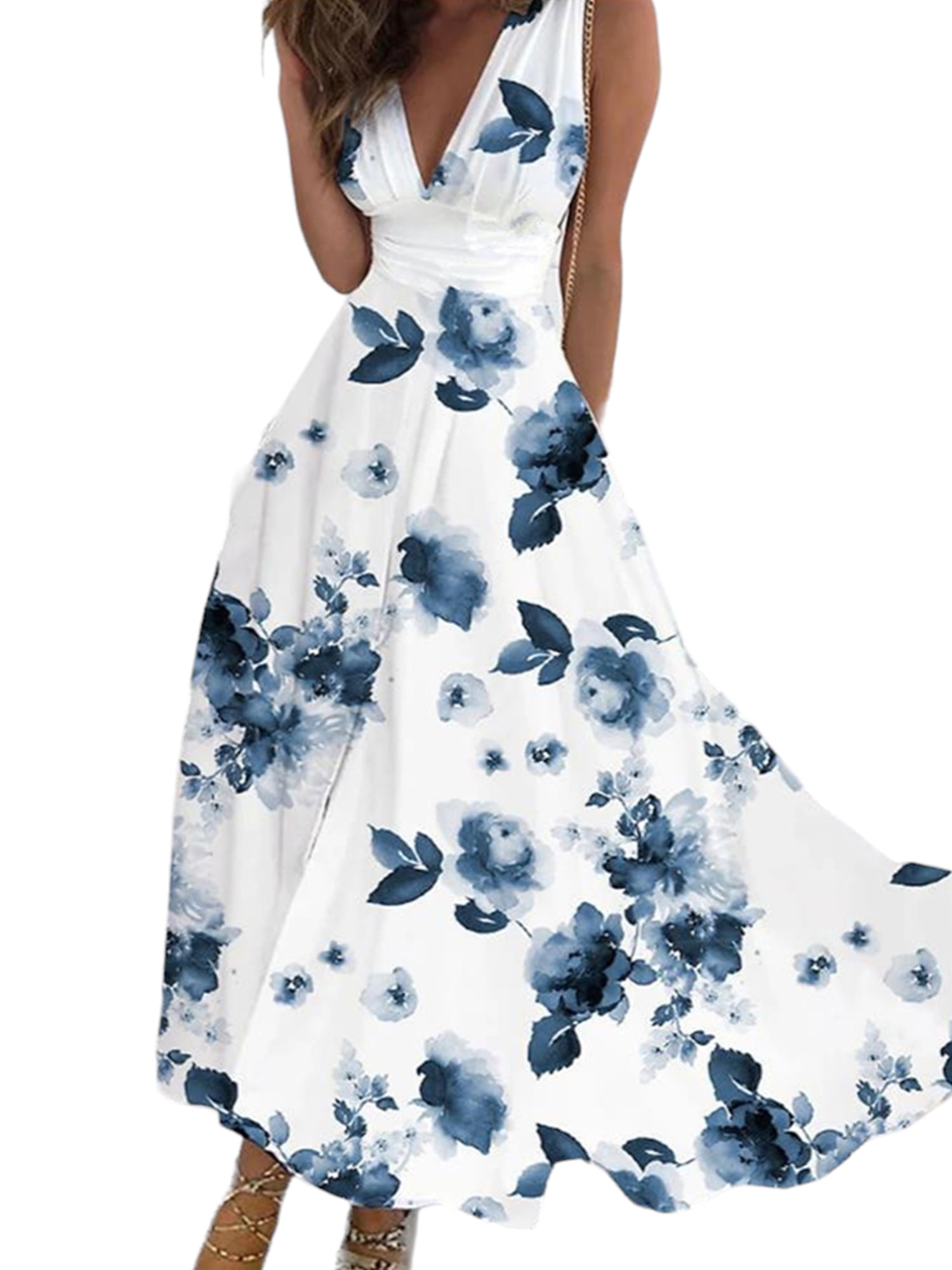 LilyLLL Womens Summer Beach Sleeveless V Neck Sundress Gown Empire ...