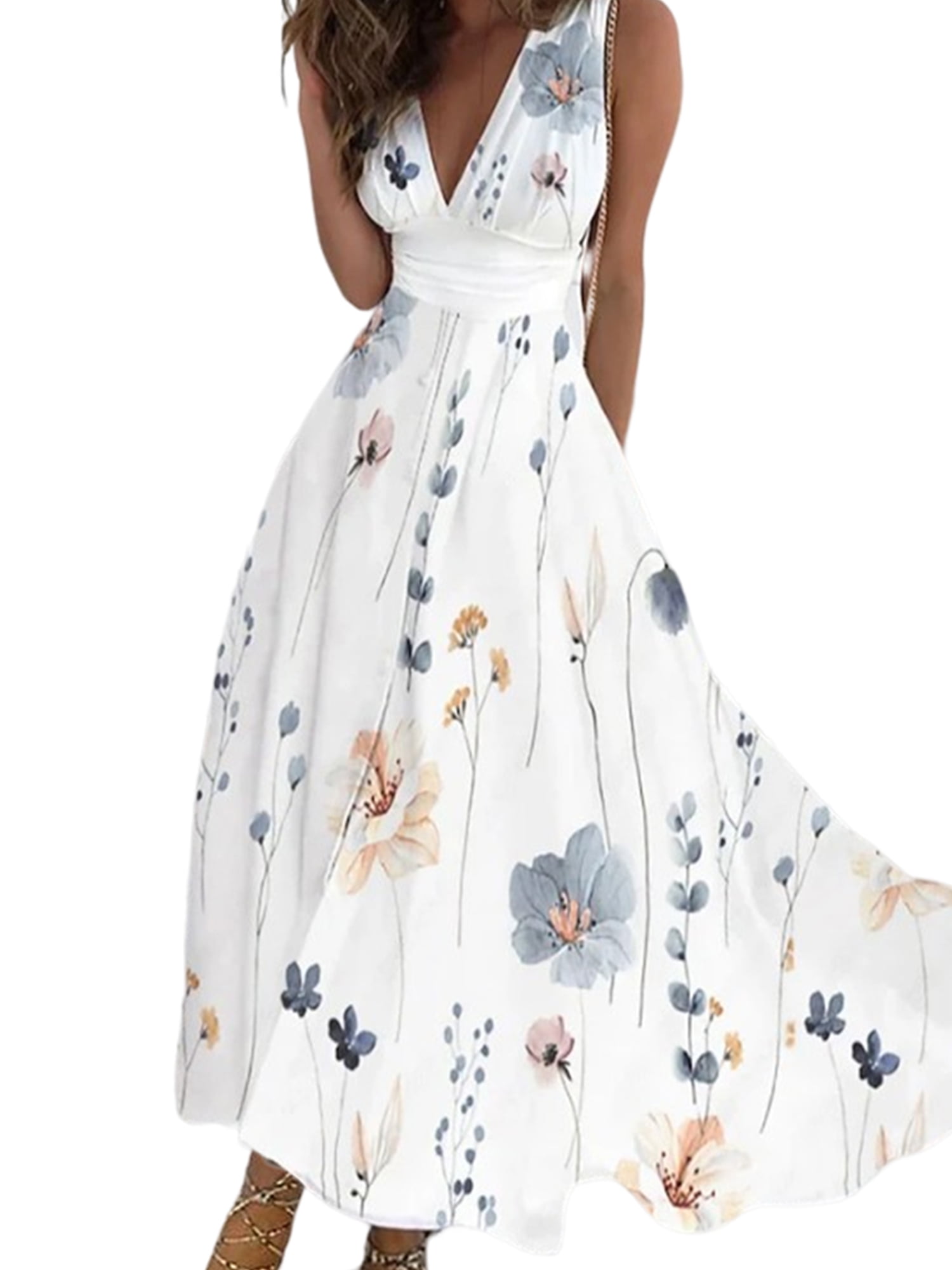 LilyLLL Womens Summer Beach Sleeveless V Neck Sundress Gown Empire ...