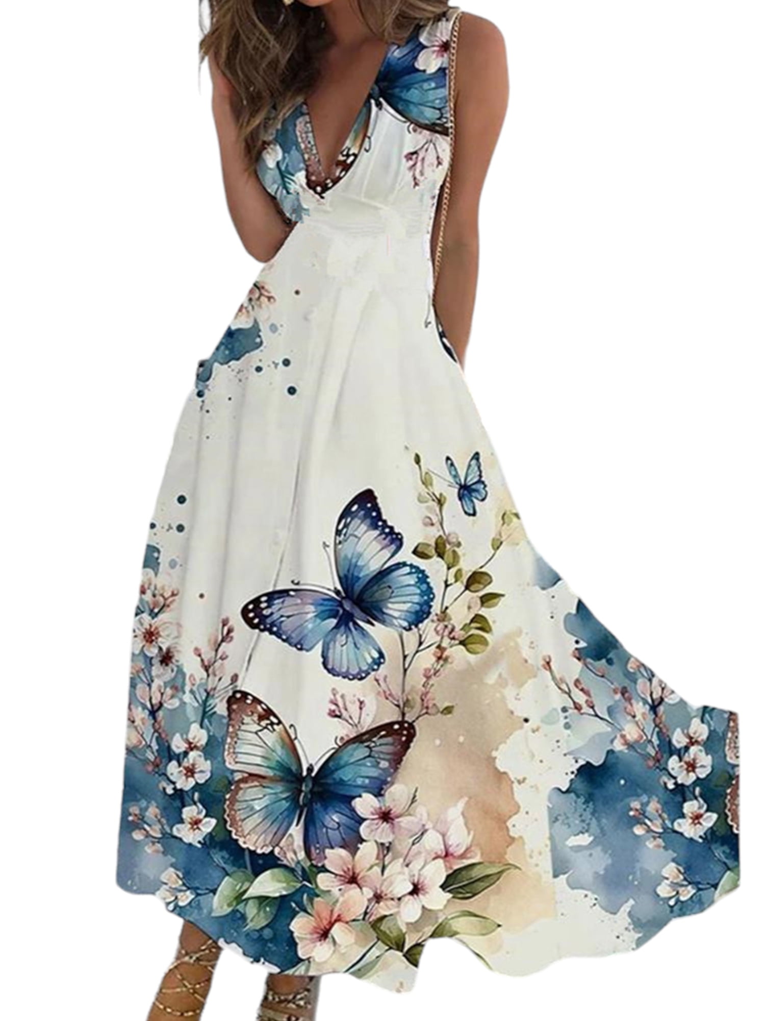 LilyLLL Womens Summer Beach Sleeveless V Neck Sundress Gown Empire ...