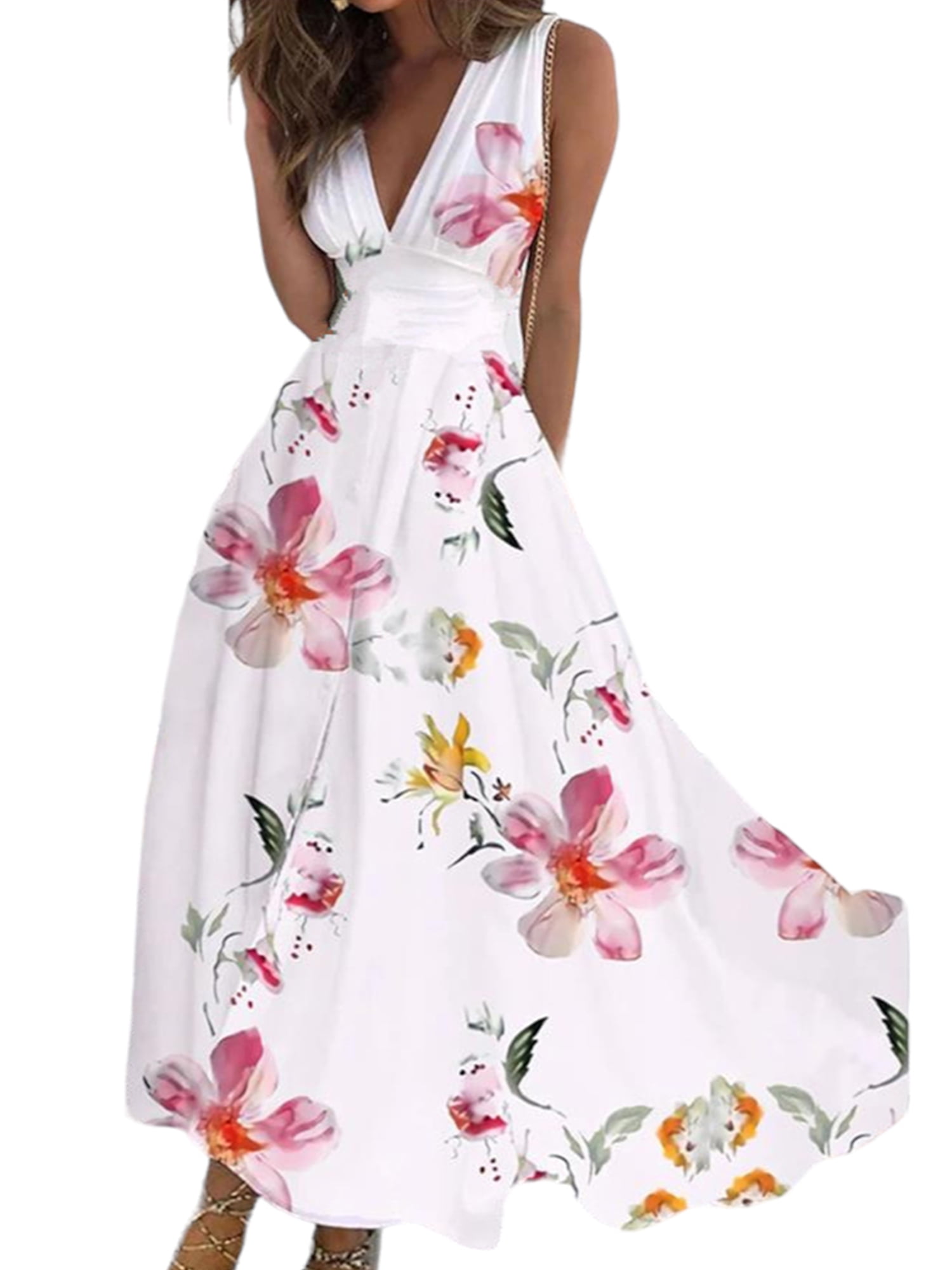 LilyLLL Womens Summer Beach Sleeveless V Neck Sundress Gown Empire ...