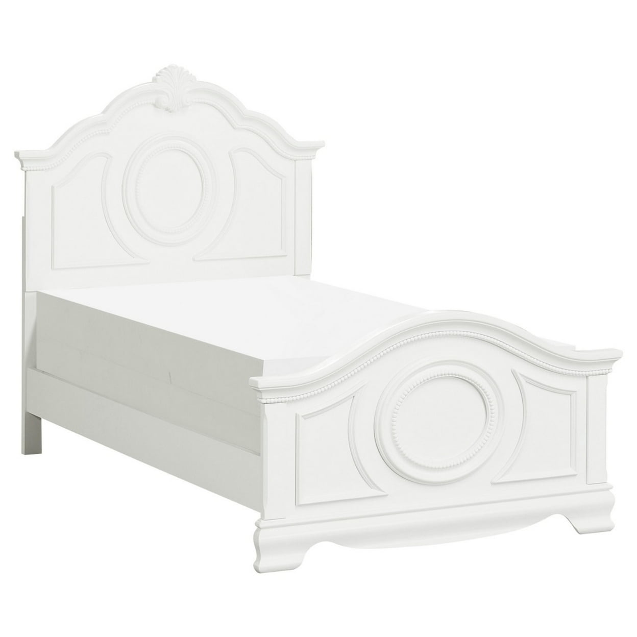 Lilya Traditional Full Size Bed, Bead Molding and Shell Motif, Crisp ...