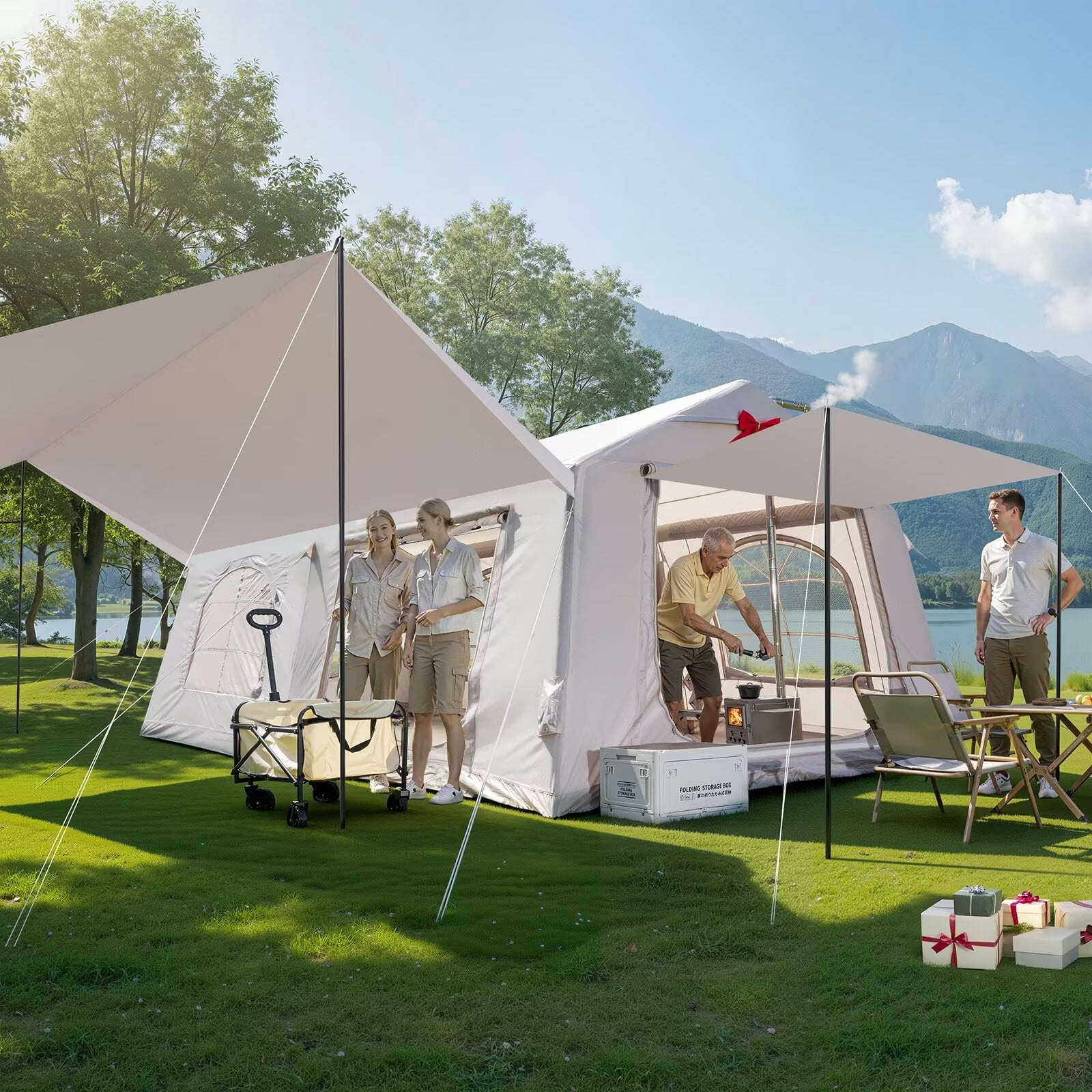Lilypelle 10 Person Blow Up Camping Inflatable Tent w/ Canopy & Stove ...