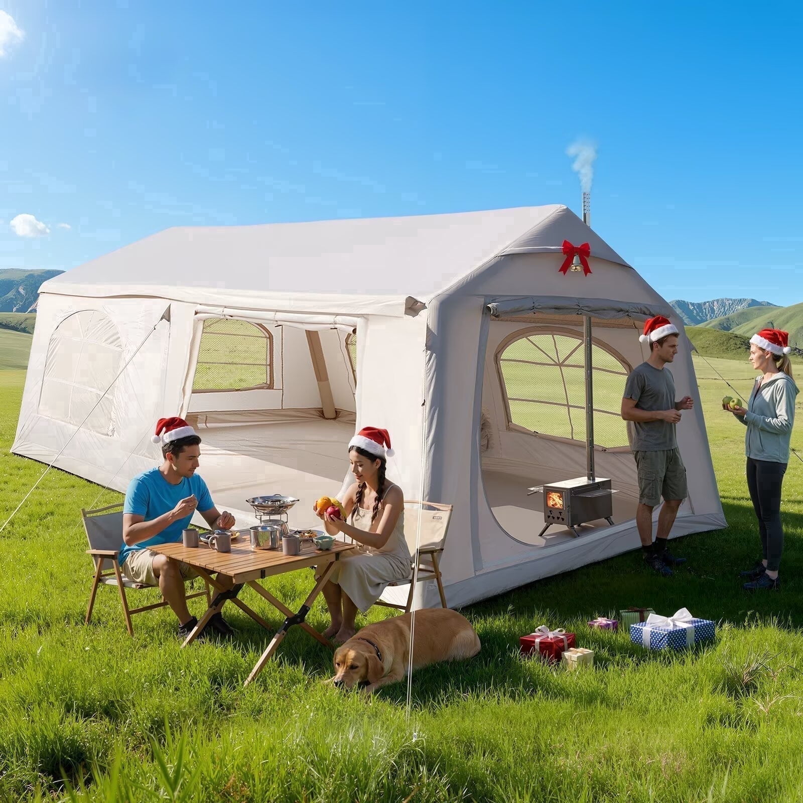 Lilypelle 12 Person Blow Up Camping Inflatable Tent w/ Stove Jack & AC ...