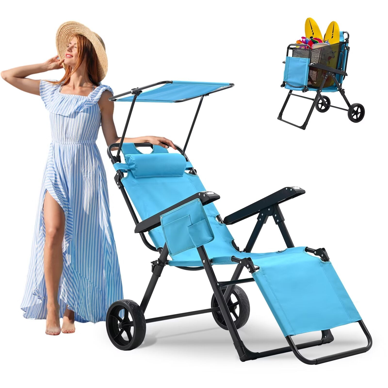 Lilypelle Foldable Chaise Lounge Chair with Integrated Wagon Pull Cart ...