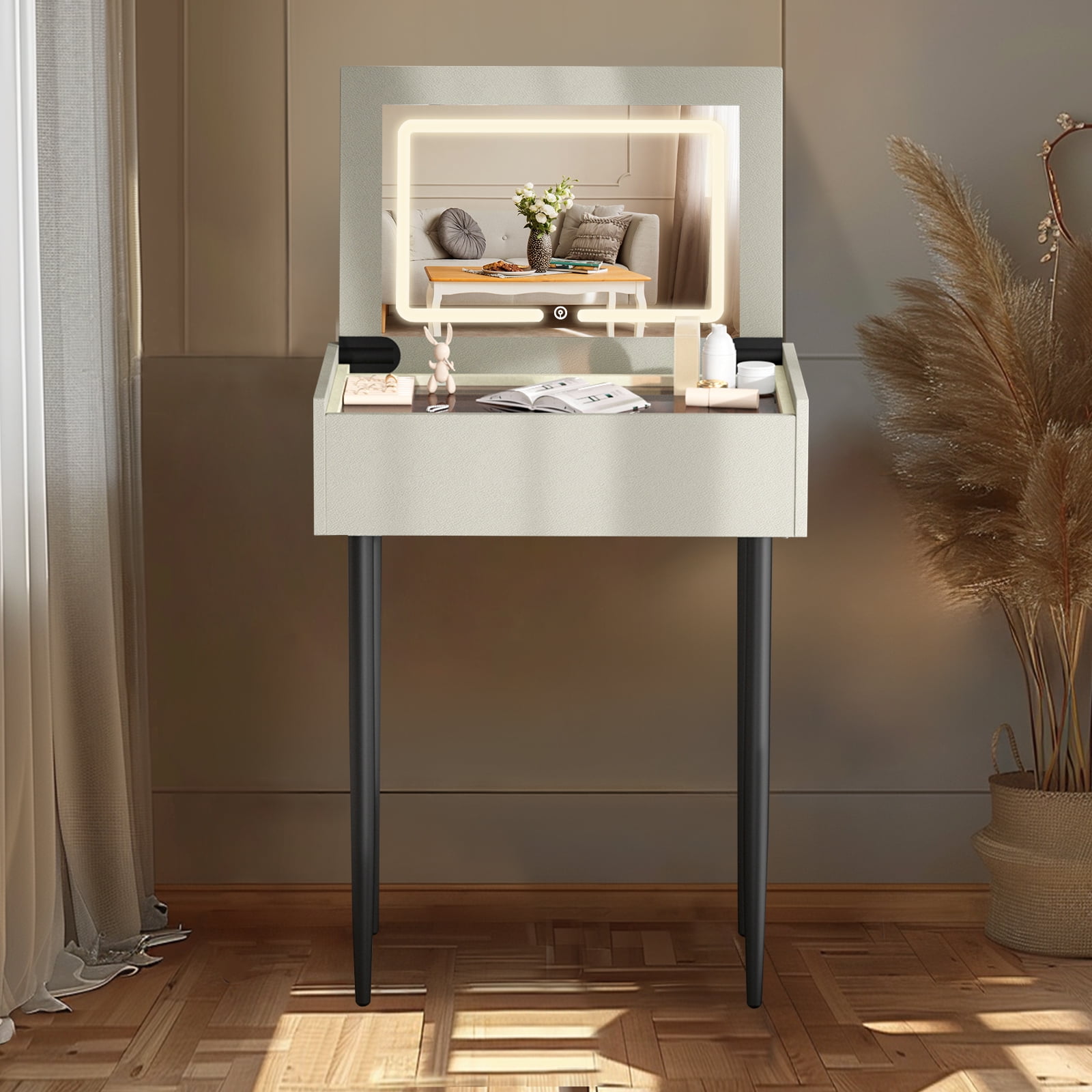 Lilypelle Foldable Vanity Desk Lighted Mirror Space Saving table Set ...