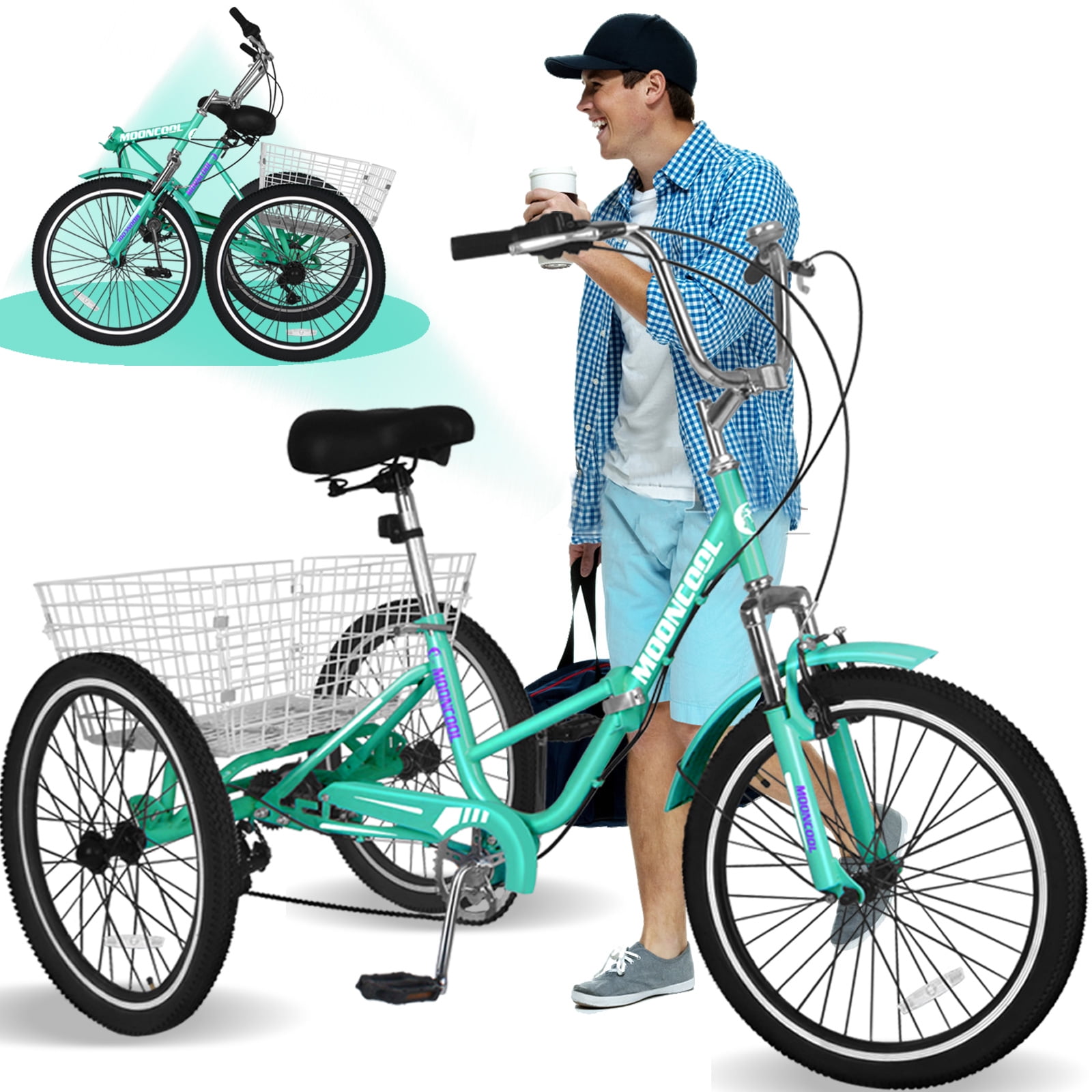 Lilypelle Folding Tricycle, 24" Three Wheel Bicycle for Adult, 7 Speed ...