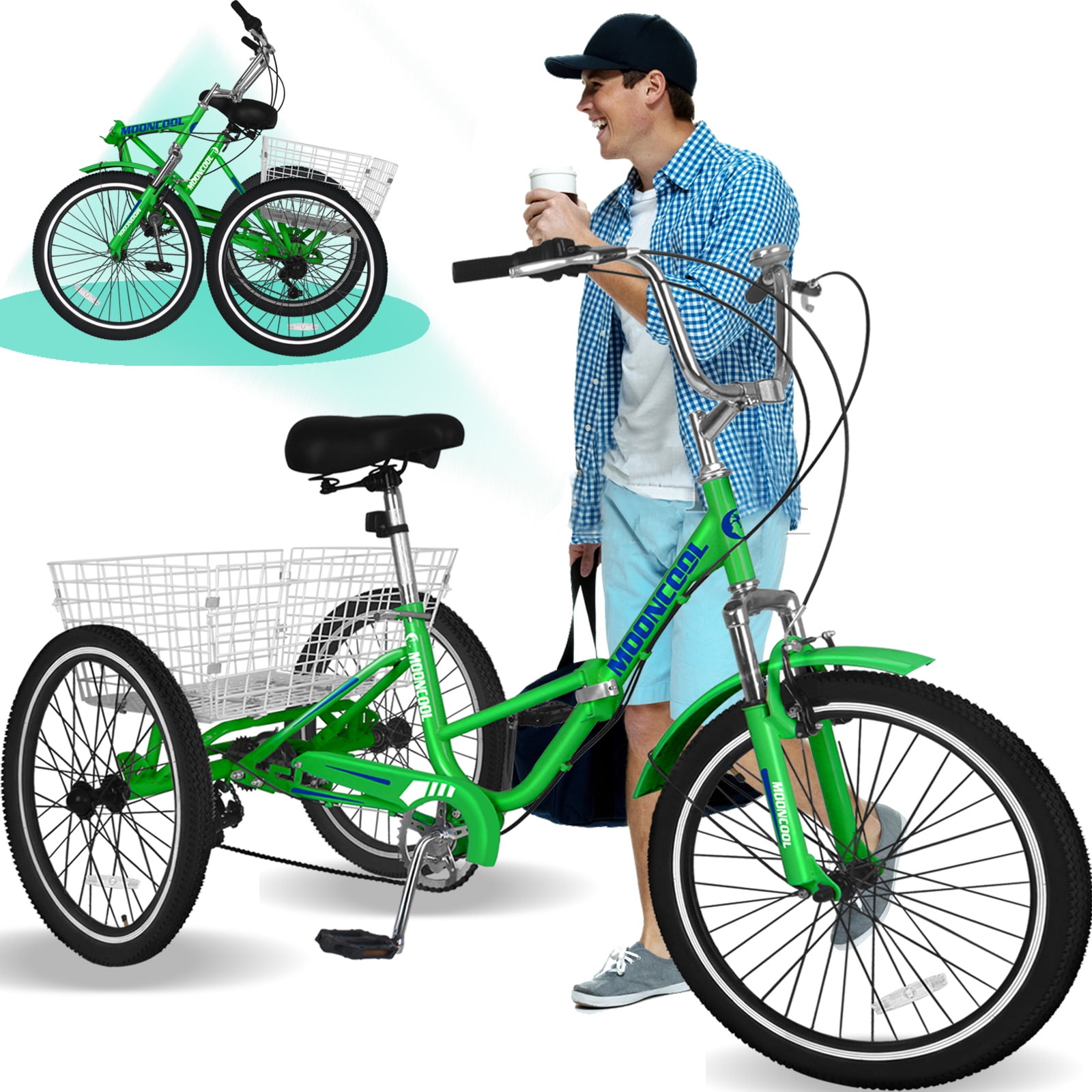 Lilypelle Folding Tricycle, 24" Three Wheel Bicycle for Adult, 7 Speed ...