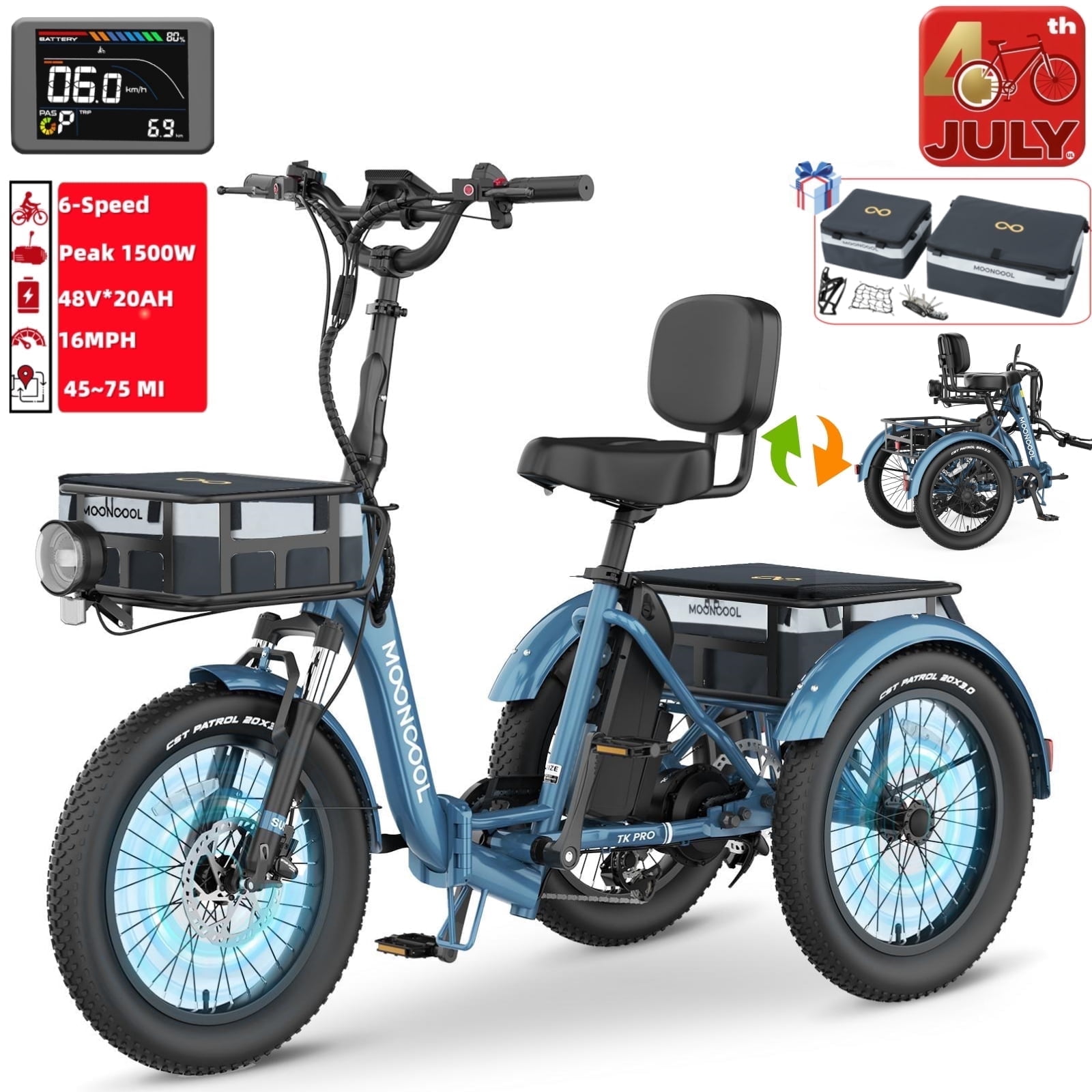 Lilypelle Electric Tricycle for Adults,Peak 1500W 48V Folding E ...