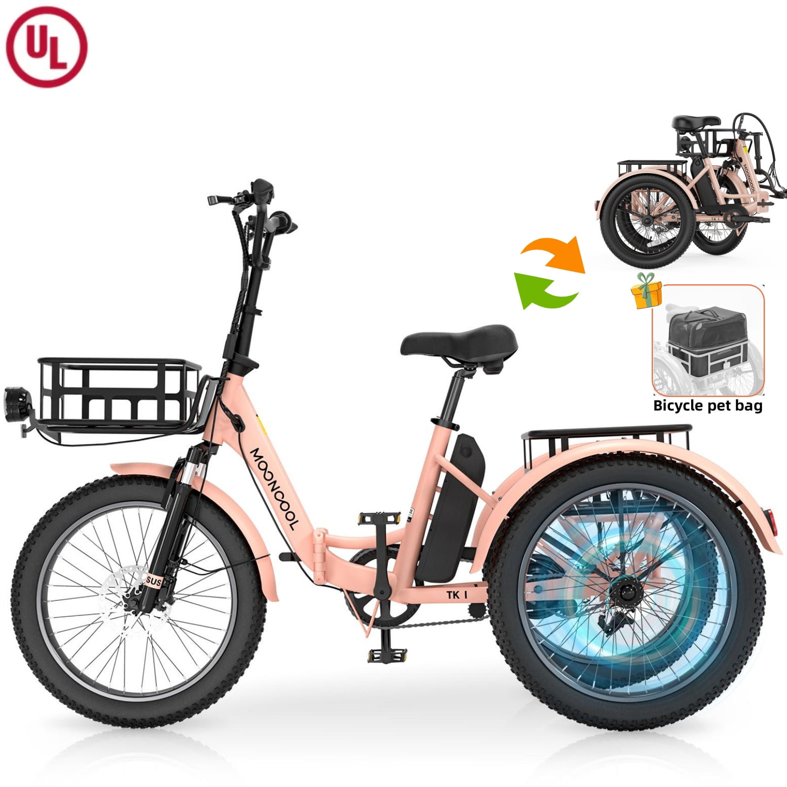 LILYPELLE 500W Electric Trike, 3 Wheel LED Folding Bikes with Lights ...