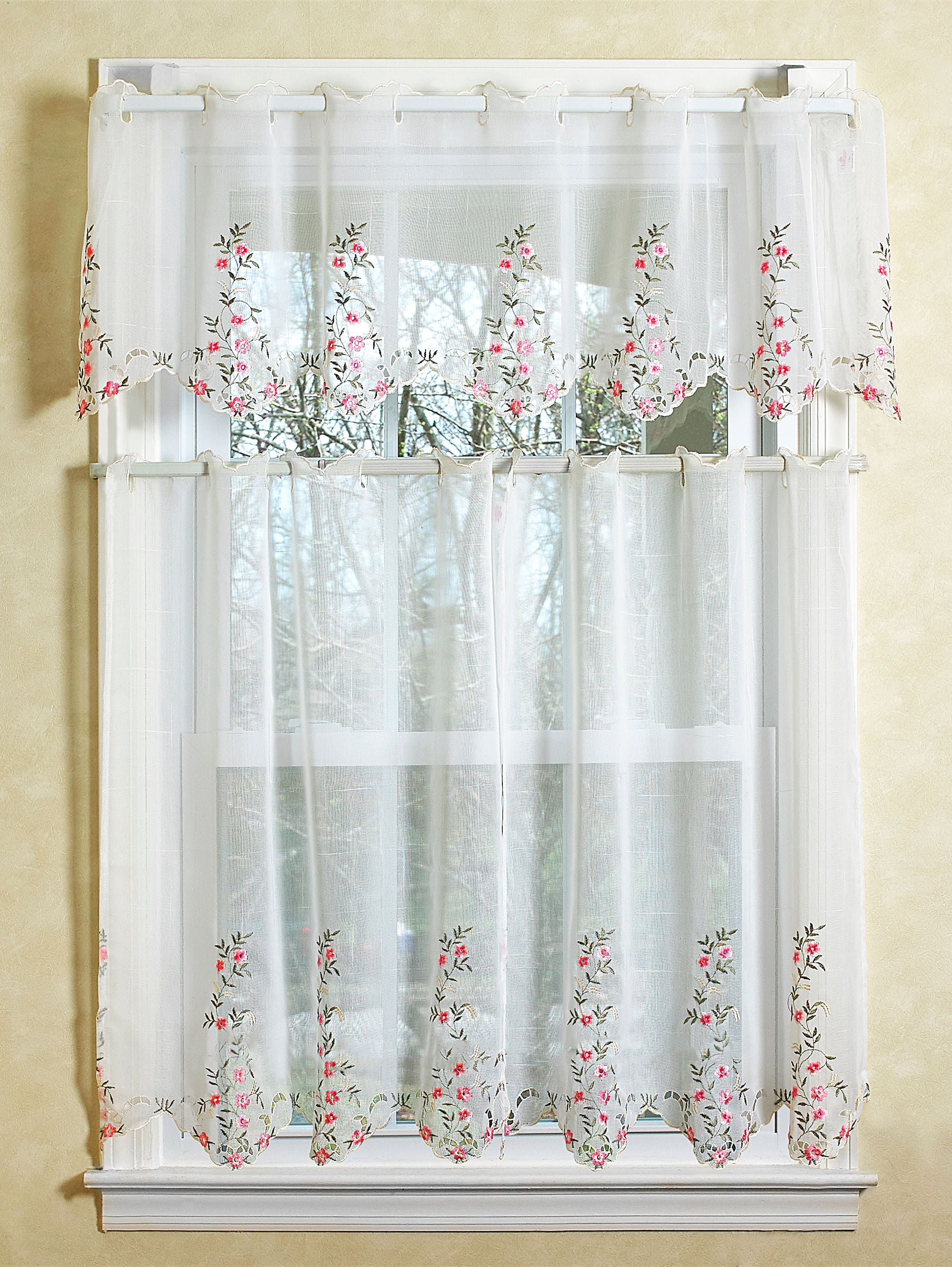 Lima Sheer White Kitchen Curtain Set With Embroidered Flowers Design ...