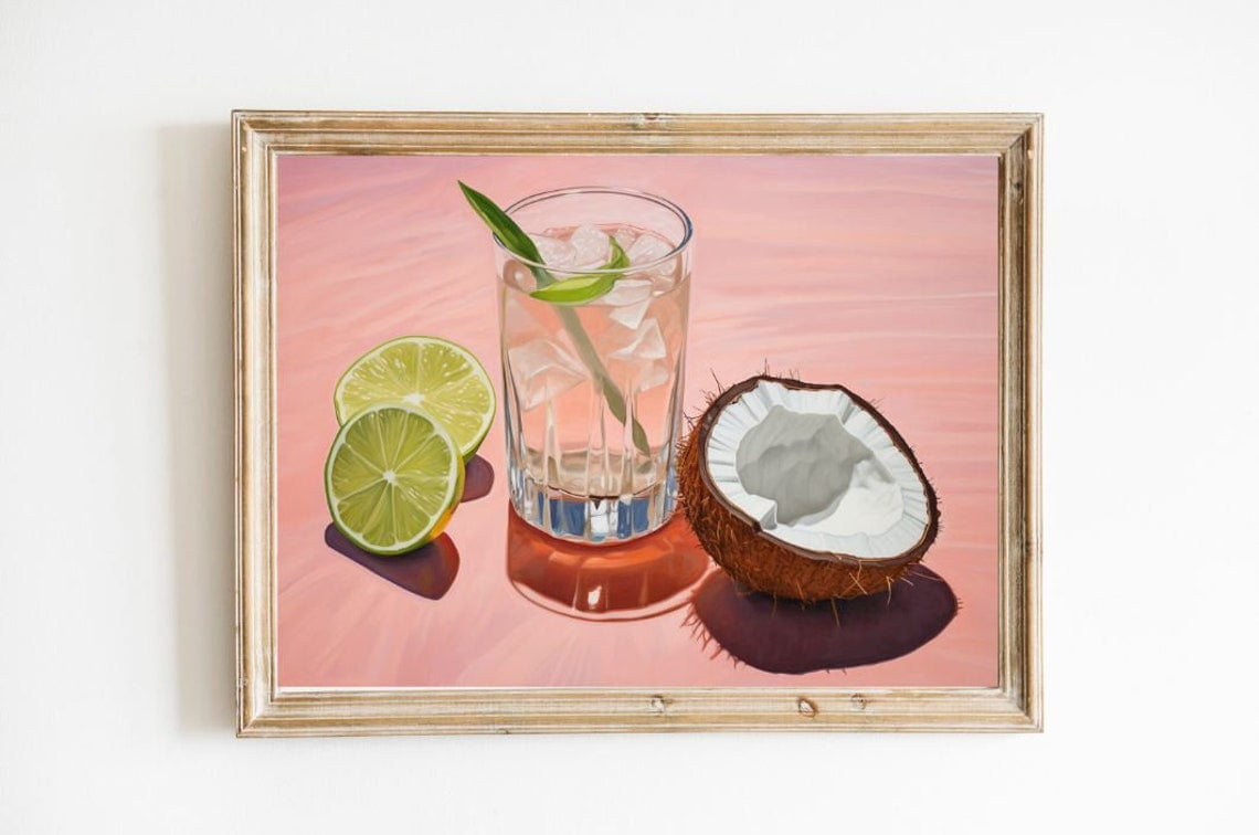 Lime And Coconut Tropical Bar Cart Art Print Pink Summer Cocktail Print ...
