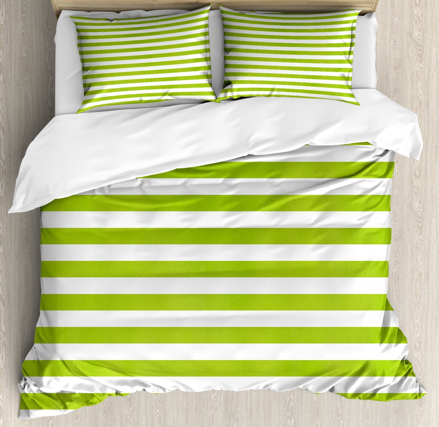 Lime Green Duvet Cover Set Queen Size, Horizontal Stripes Simplistic ...