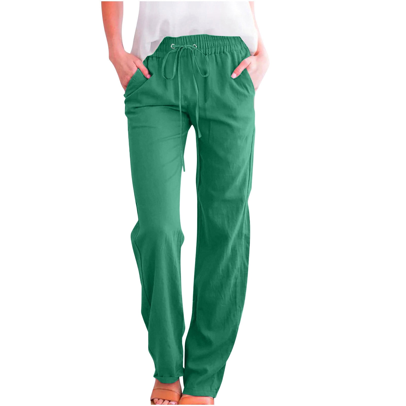 Lime Green Faux Gauze Linen Trousers Pants for Women Fall Summer Loose Fit Casual Straight Leg ...