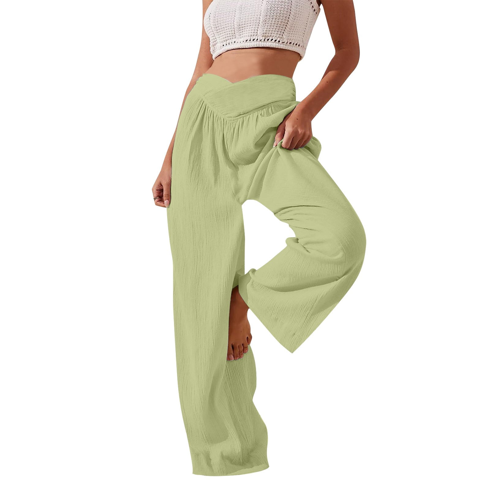 Lime Green Faux Linen Trousers Pants for Women Summer Fall Loose Fit ...