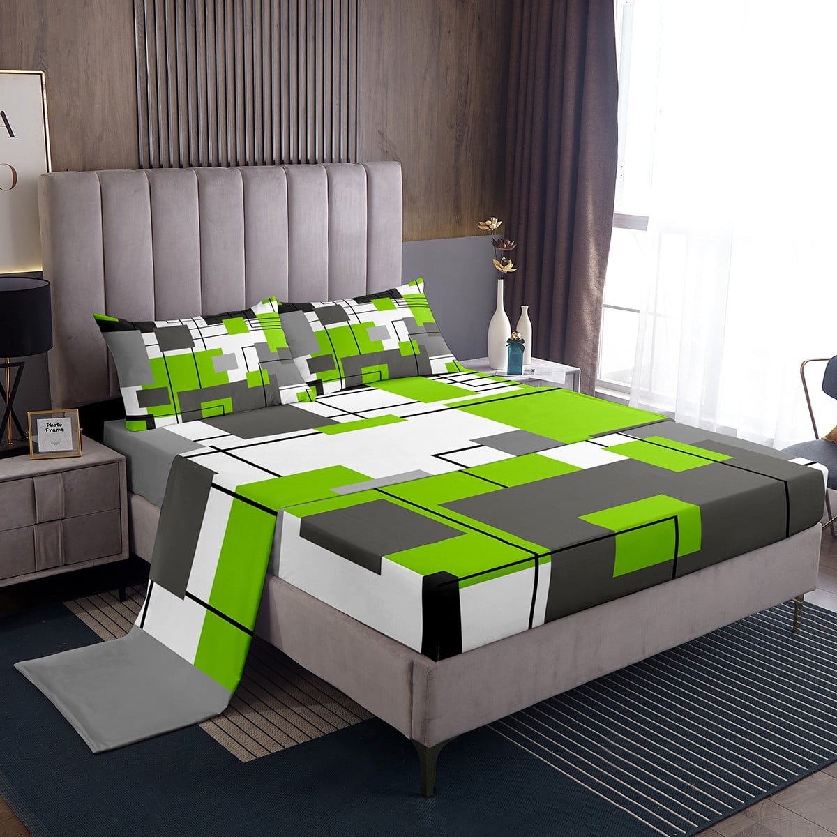 Lime Green Gray Geometric Bed Sheets Full Black Grey White Geometry ...