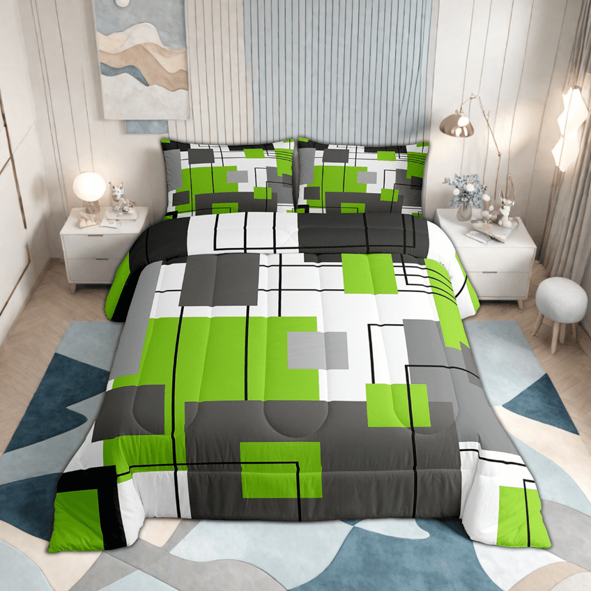 Lime Green Gray Geometric Bedding Set Queen Black Grey White Geometry ...