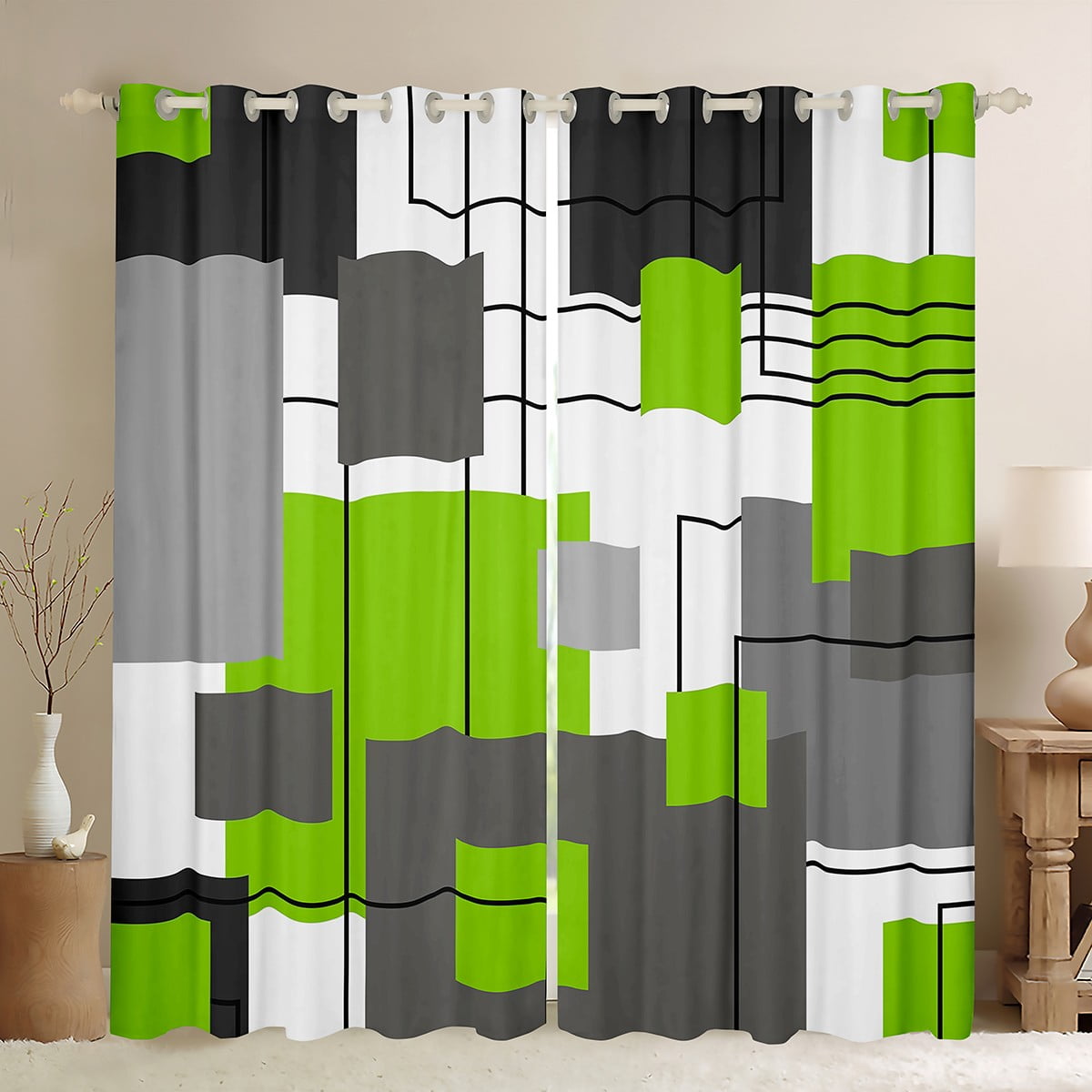 Lime Green Gray Geometric Blackout Curtains 38"Wx45"L Black Grey White ...