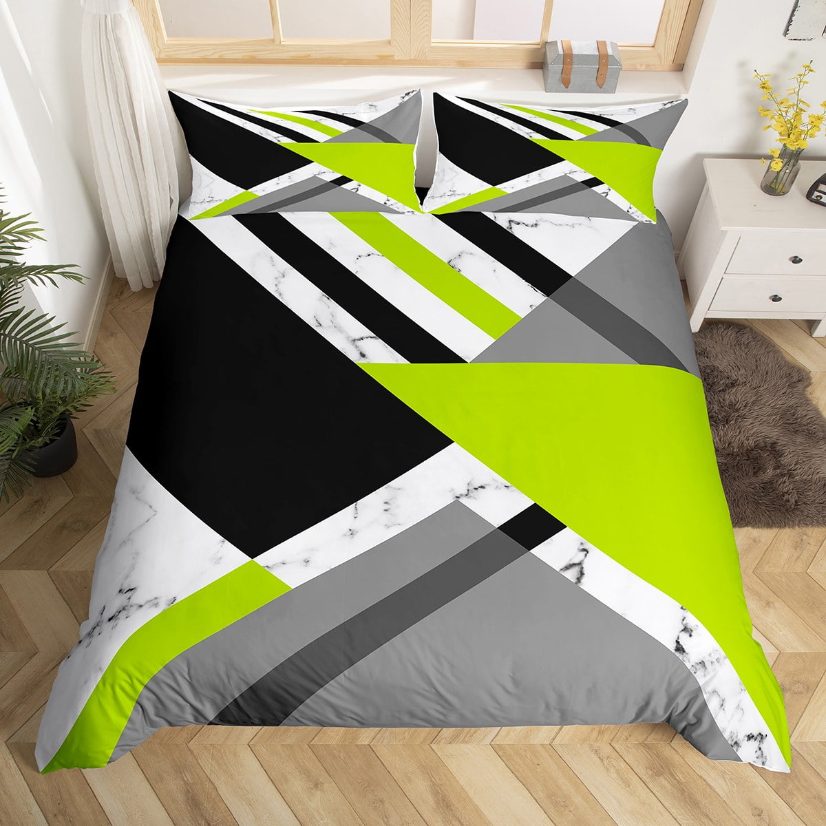 Lime Green And Grey Comforter Cover Green Black White Geometric Bedding ...