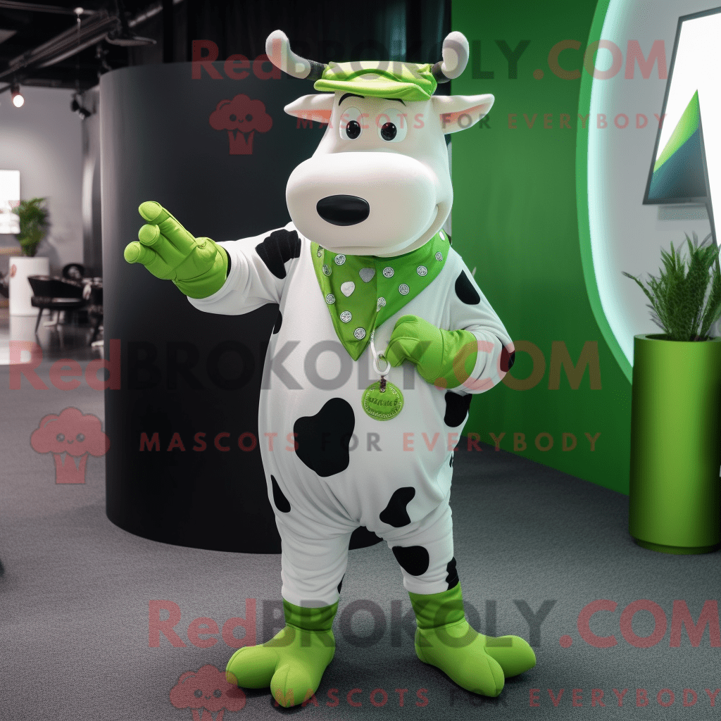 Lime Green Holstein Cow REDBROKOLY mascot costume character dressed ...