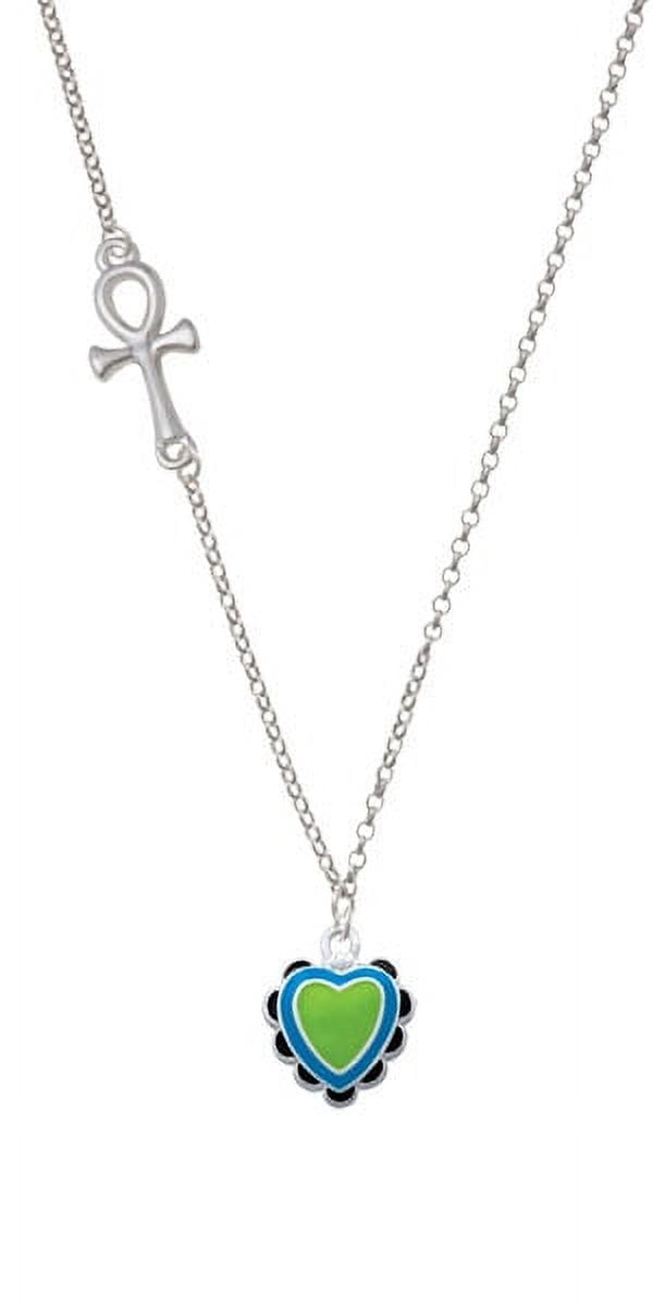 Lime Green & Hot Blue Heart with Black Ruffles Delicate Ankh Necklace ...