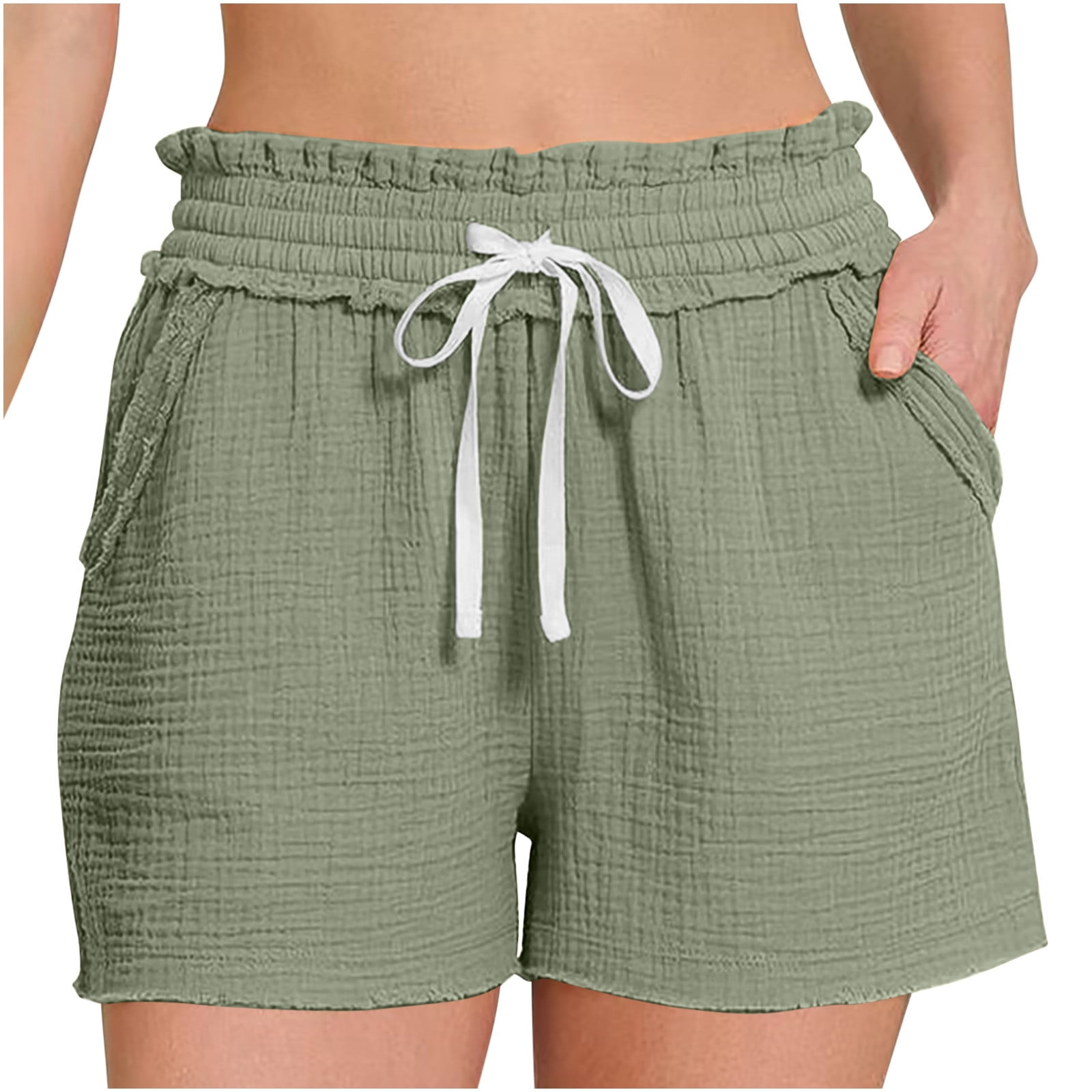 Lime Green Ladies Shorts for Juniors Faux Linen Brunch Stretchy Pleated ...