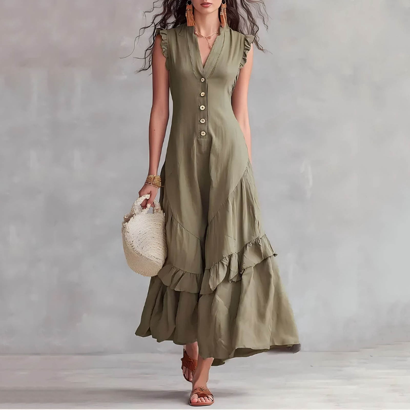 Lime Green Ladies Sleeveless Long Dresses for Juniors V Neck Casual ...