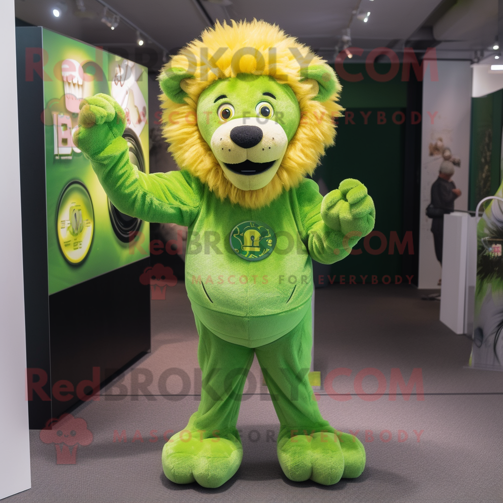 Lime Green Lion REDBROKOLY mascot costume character dressed with a ...