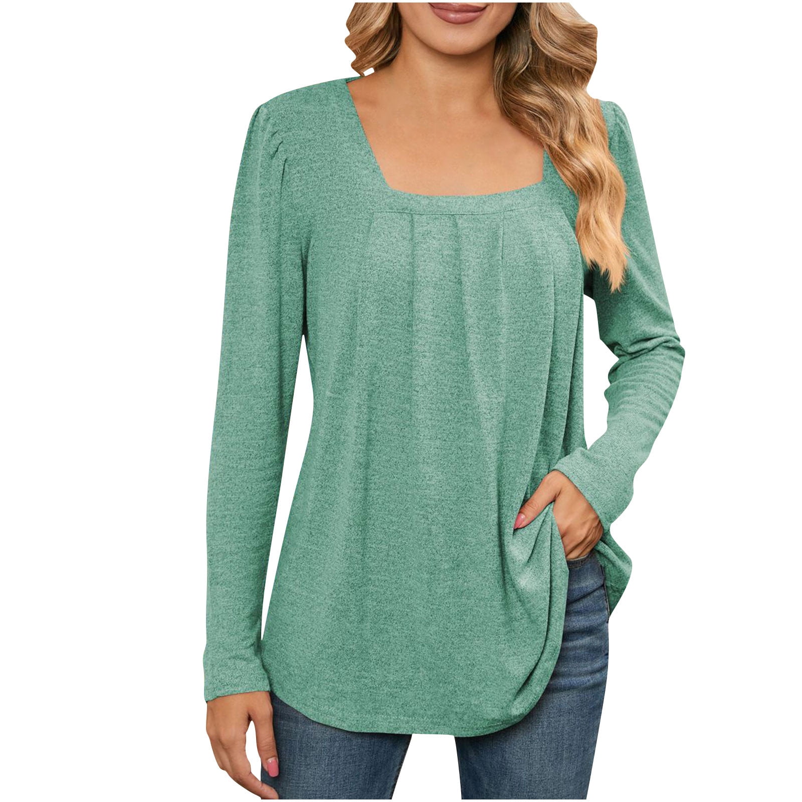 Lime Green Long Sleeve Tops for Women Fall Summer Square Neck Pleated ...