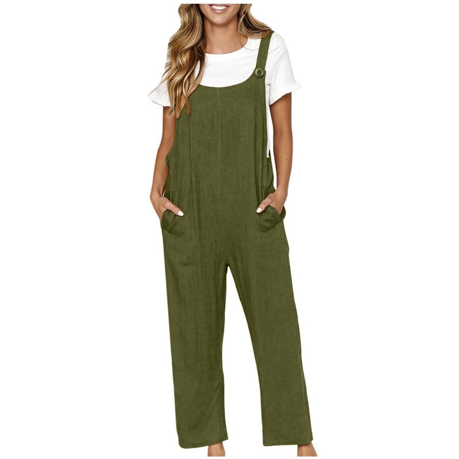 Lime Green Loose Fit Overalls for Women Summer Fall Faux Gauze Linen ...