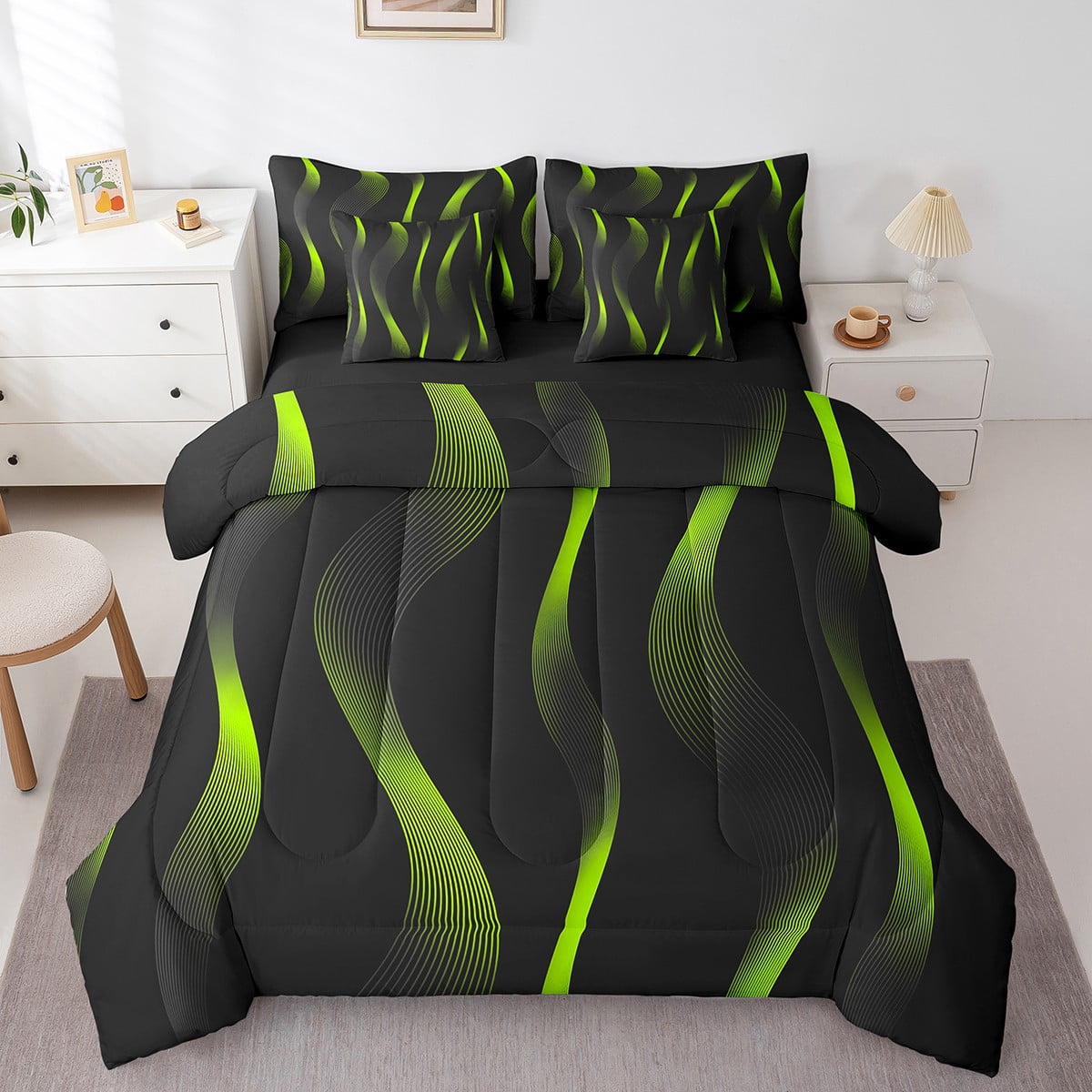Lime Green Stripe Bed in a Bag King Size, Neon Geometric Lines Bedding ...